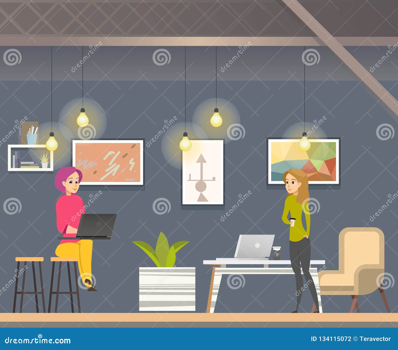 Woman Freelancer Working in Coworking Open Space Stock Vector ...