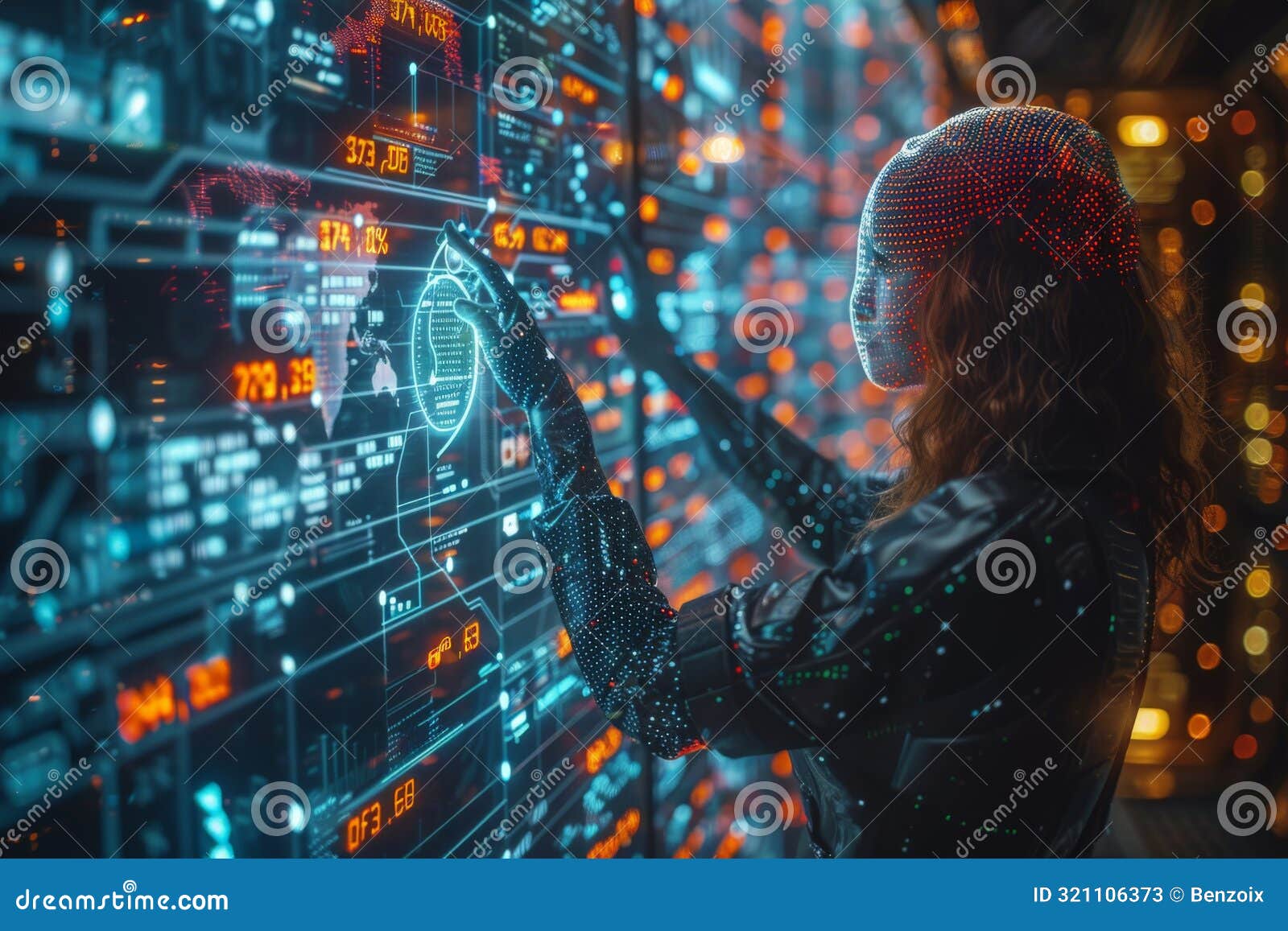 Woman in Front of Computer Surrounded by Urban Elements and Technology ...
