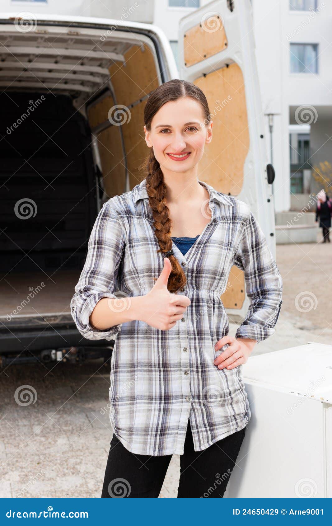 Woman in Front of Moving Truck Stock Image - Image of moving, young ...