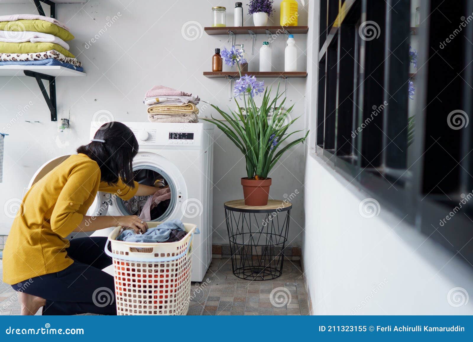Woman in Front of the Washing Machine Stock Image - Image of women ...