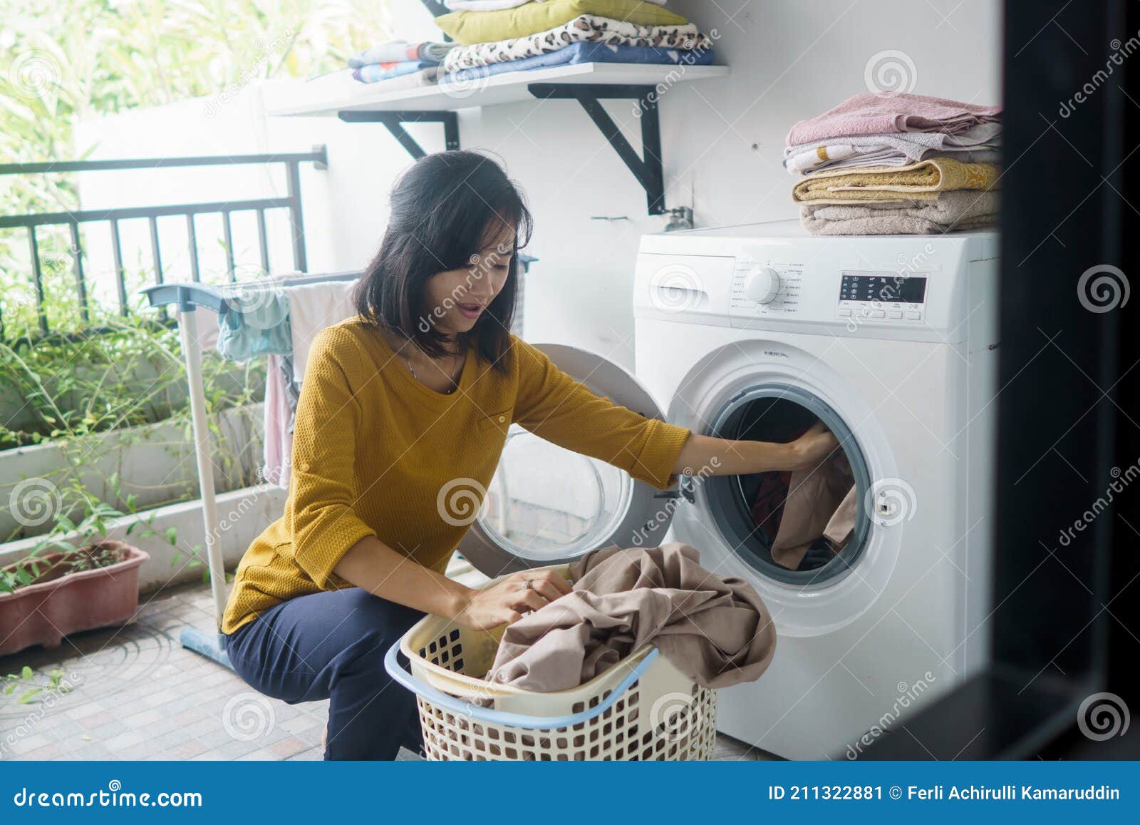 Woman in Front of the Washing Machine Stock Image - Image of human ...