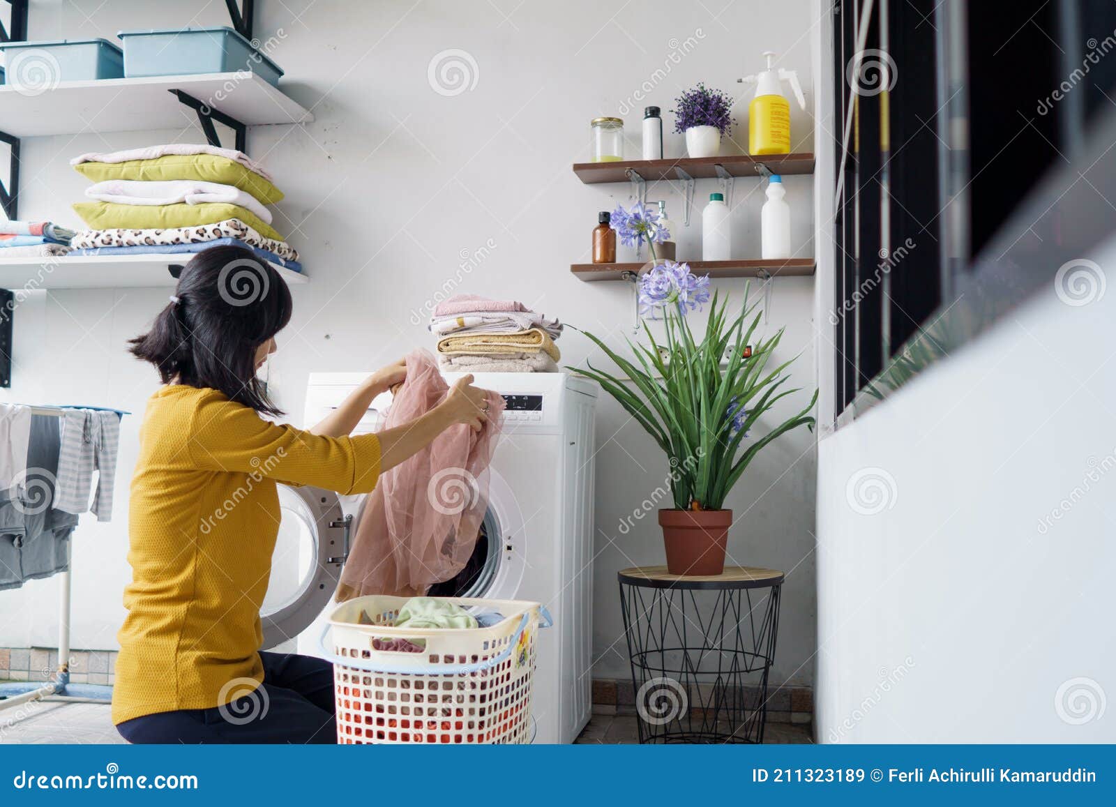 Woman in Front of the Washing Machine Stock Image - Image of chore ...