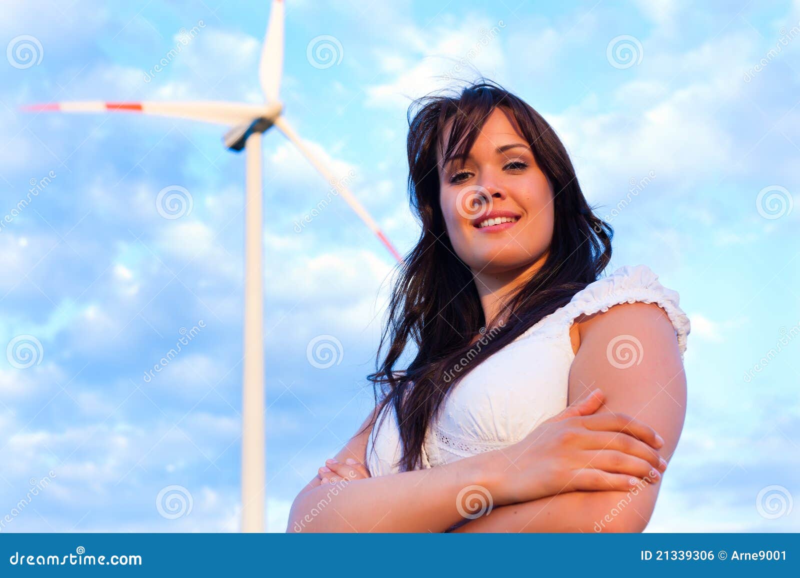 Woman in Front of Windmill and Sky Stock Photo - Image of windmill ...