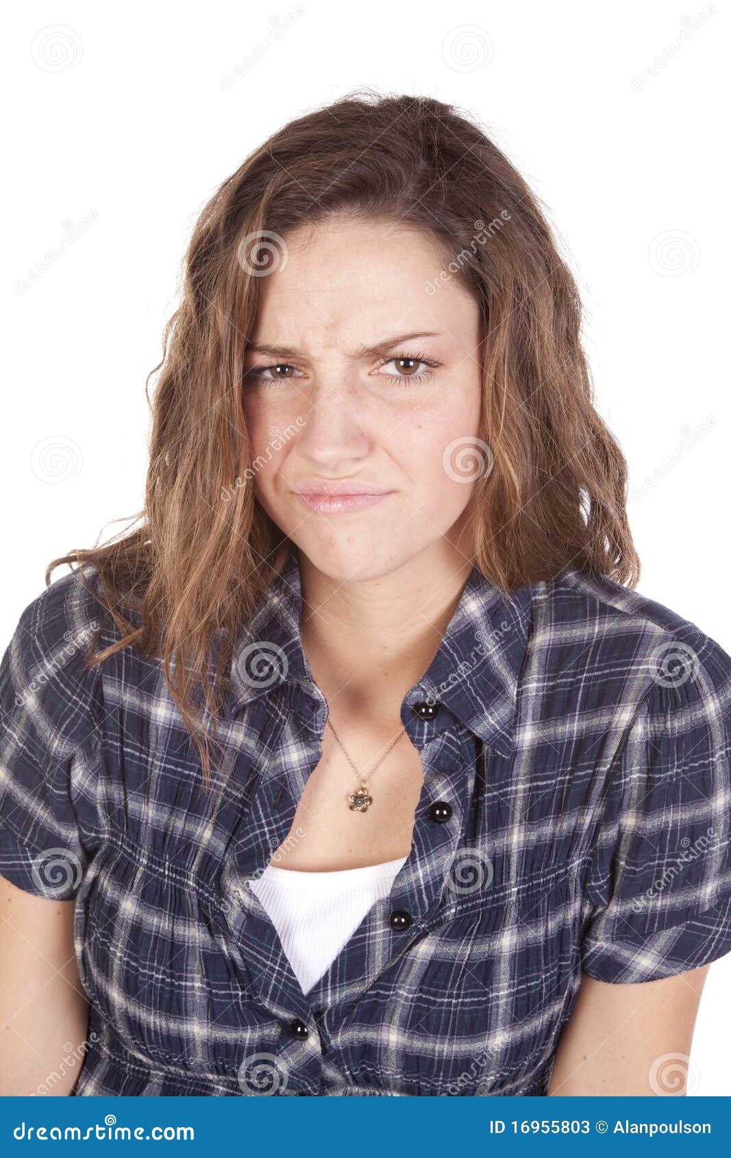 Woman frown blue shirt stock image. Image of hands, brunette - 16955803
