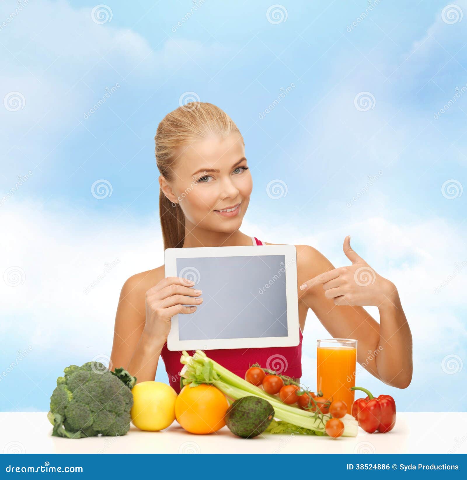 Woman with Fruits, Vegetables and Tablet Pc Stock Photo - Image of ...