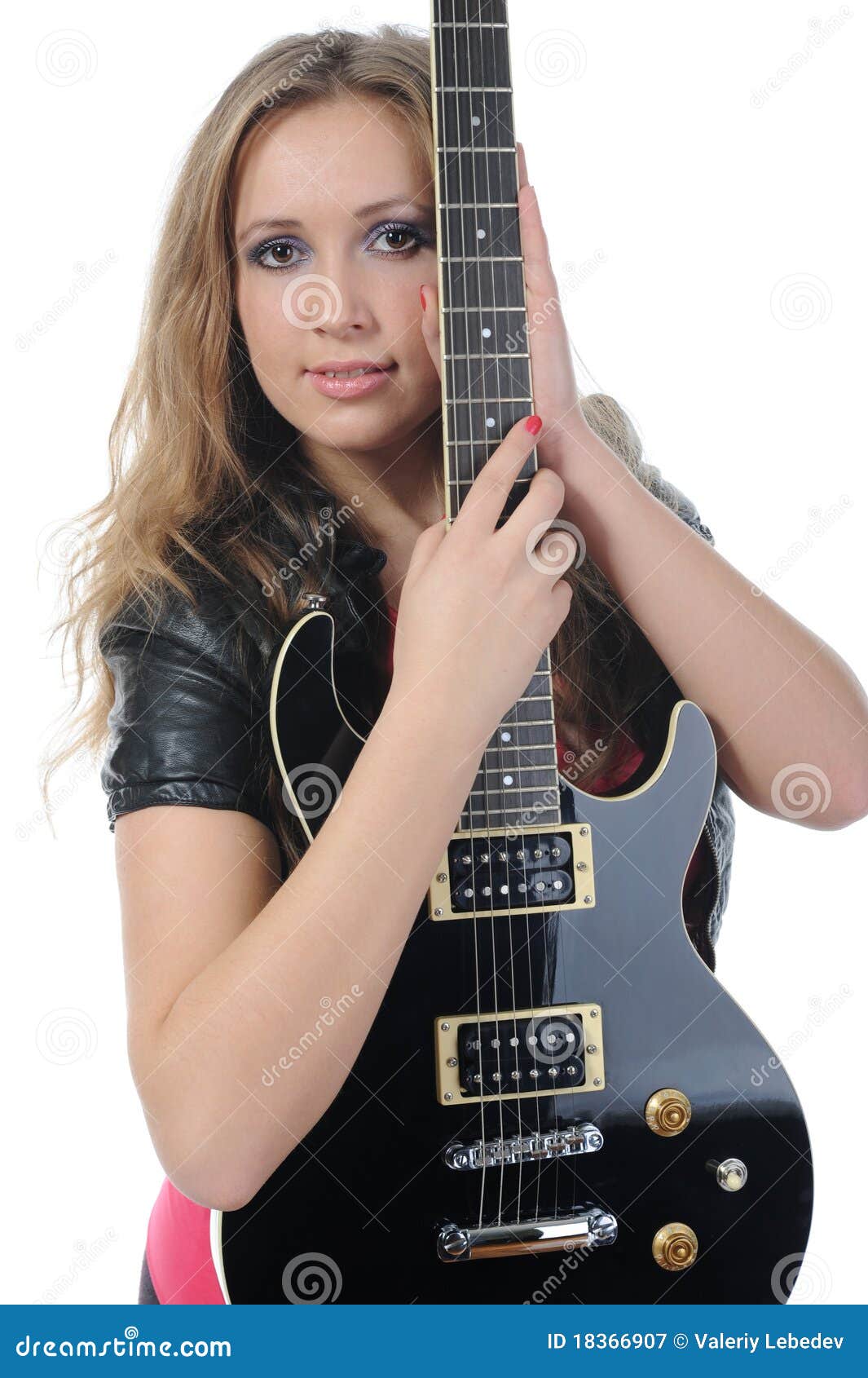 Woman in a Full-length with a Black Guitar Stock Image - Image of hard ...
