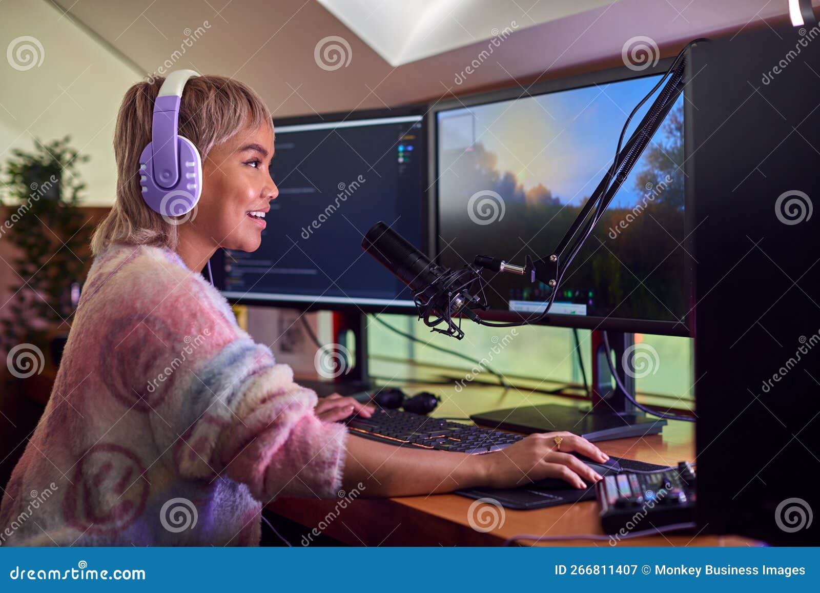 Woman Gaming at Home Sitting at Desk with Multiple Monitors Stock Image ...