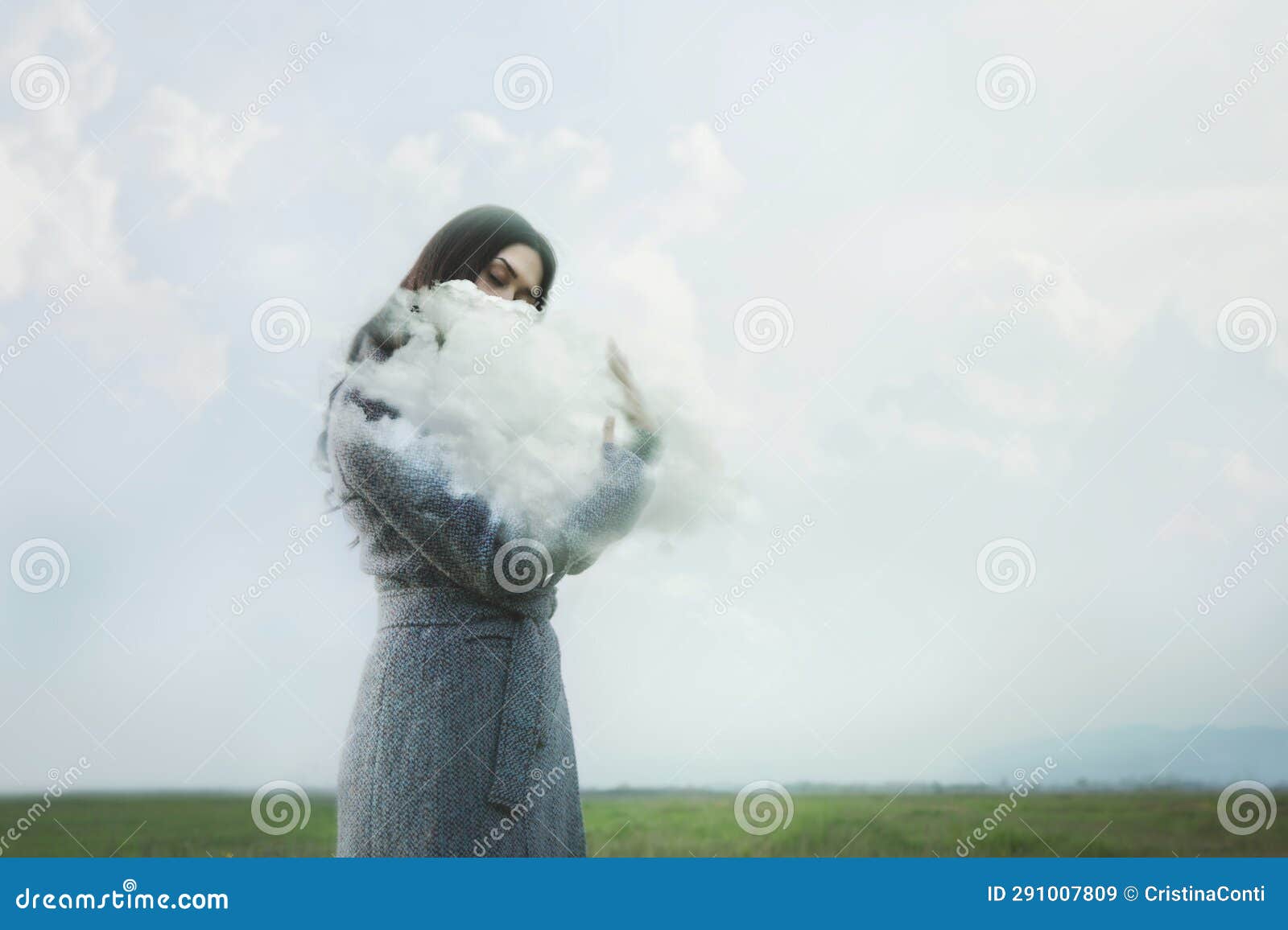 Woman Gently Hugging a Cloud in the Outdoors Stock Image - Image of lifestyle, imagination ...