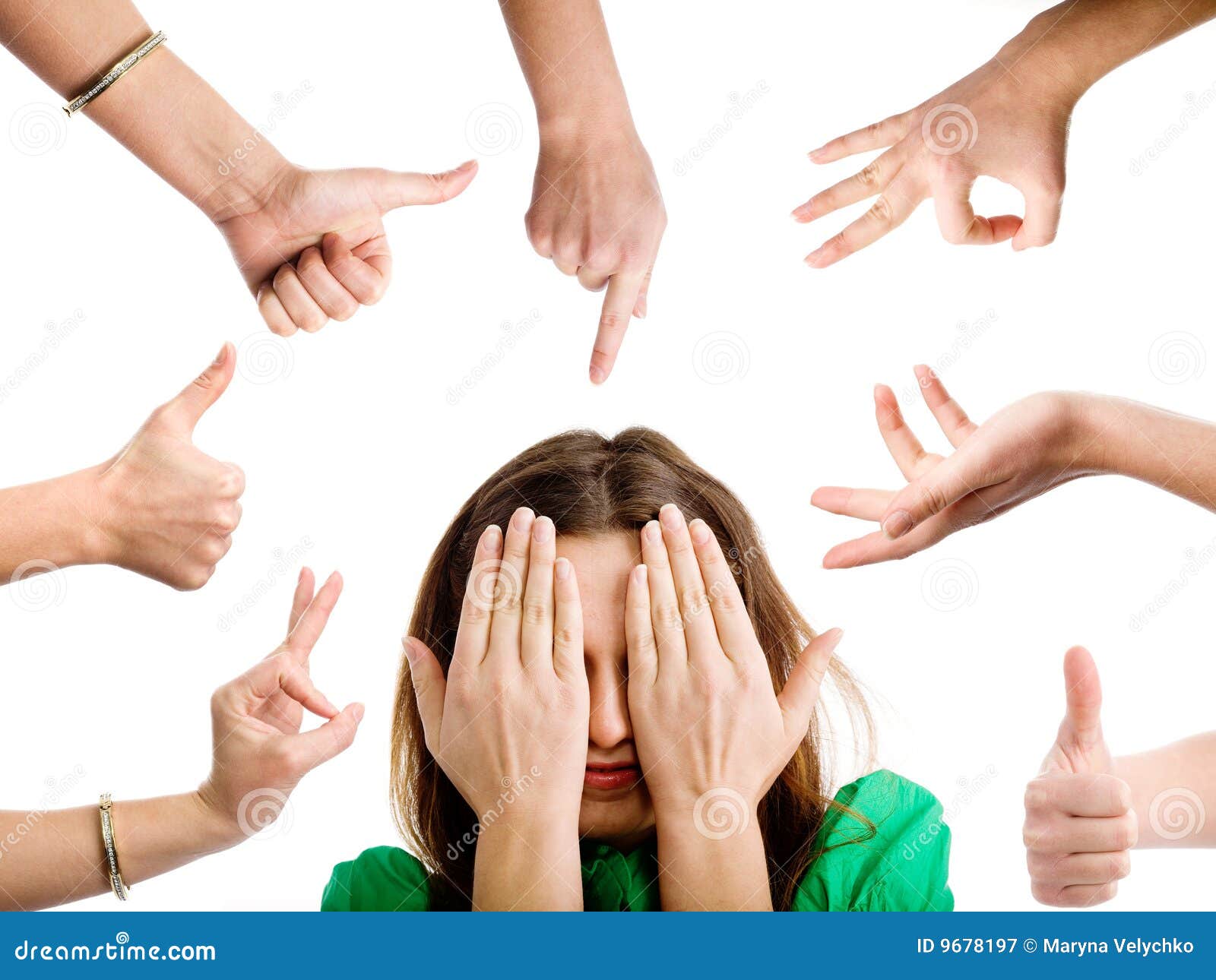 Woman among Gesturing Hands Stock Image - Image of signal, expression ...
