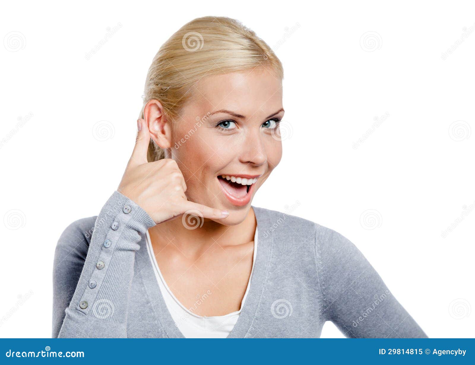 Woman gesturing phone call stock image. Image of grey - 29814815