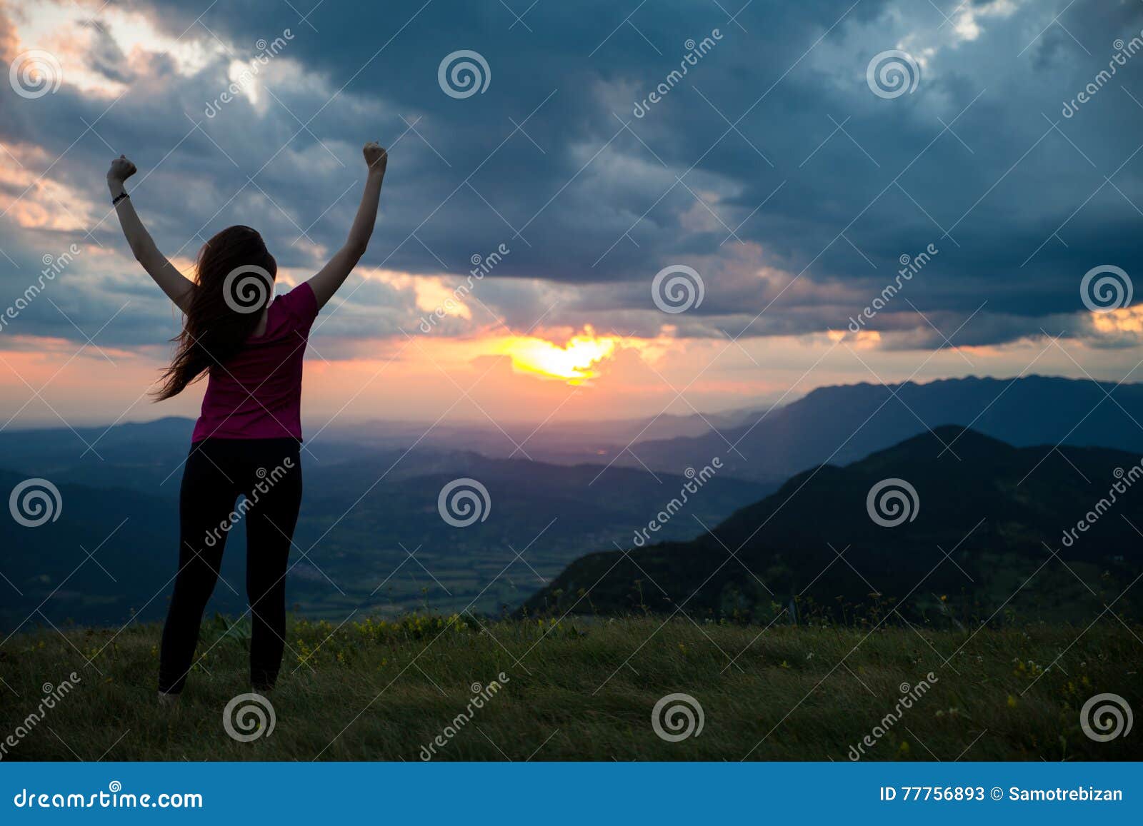 Woman Gesturing Success - Silhouette Over Evening Sky Stock Image ...