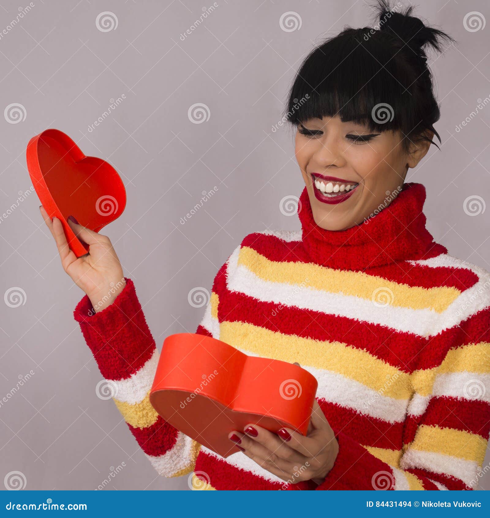 Woman gets gift stock photo. Image of woman, shape, surprise - 84431494