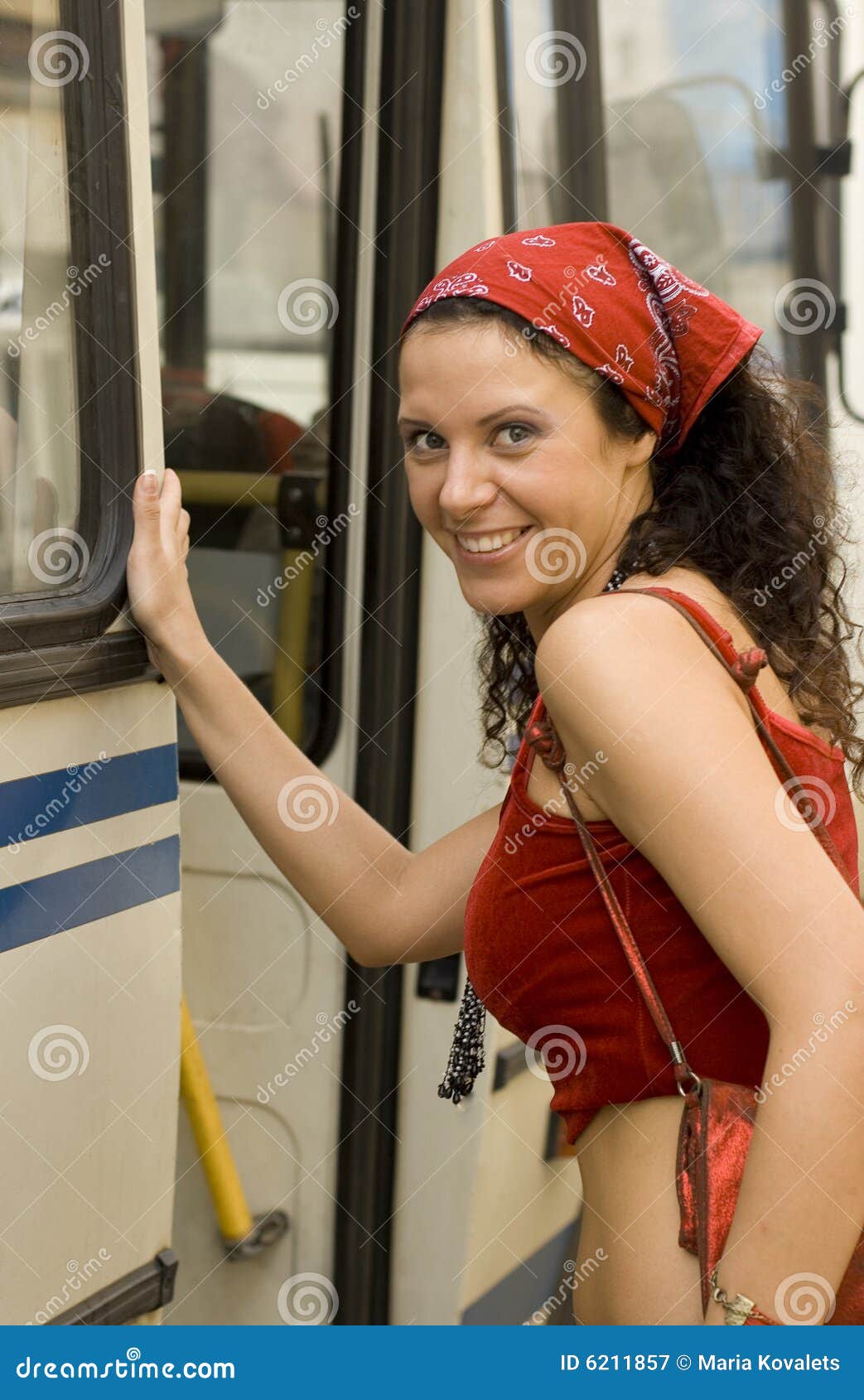Woman getting on bus stock image. Image of line, outdoor - 6211857