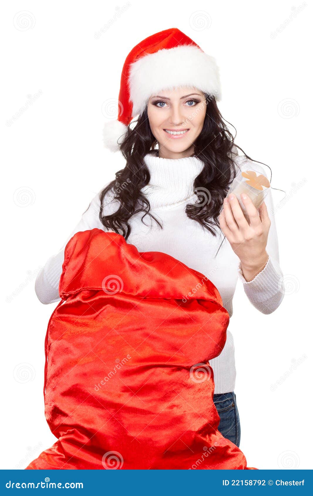 Woman Getting the Gift from Big Red Sack Stock Photo - Image of holding ...
