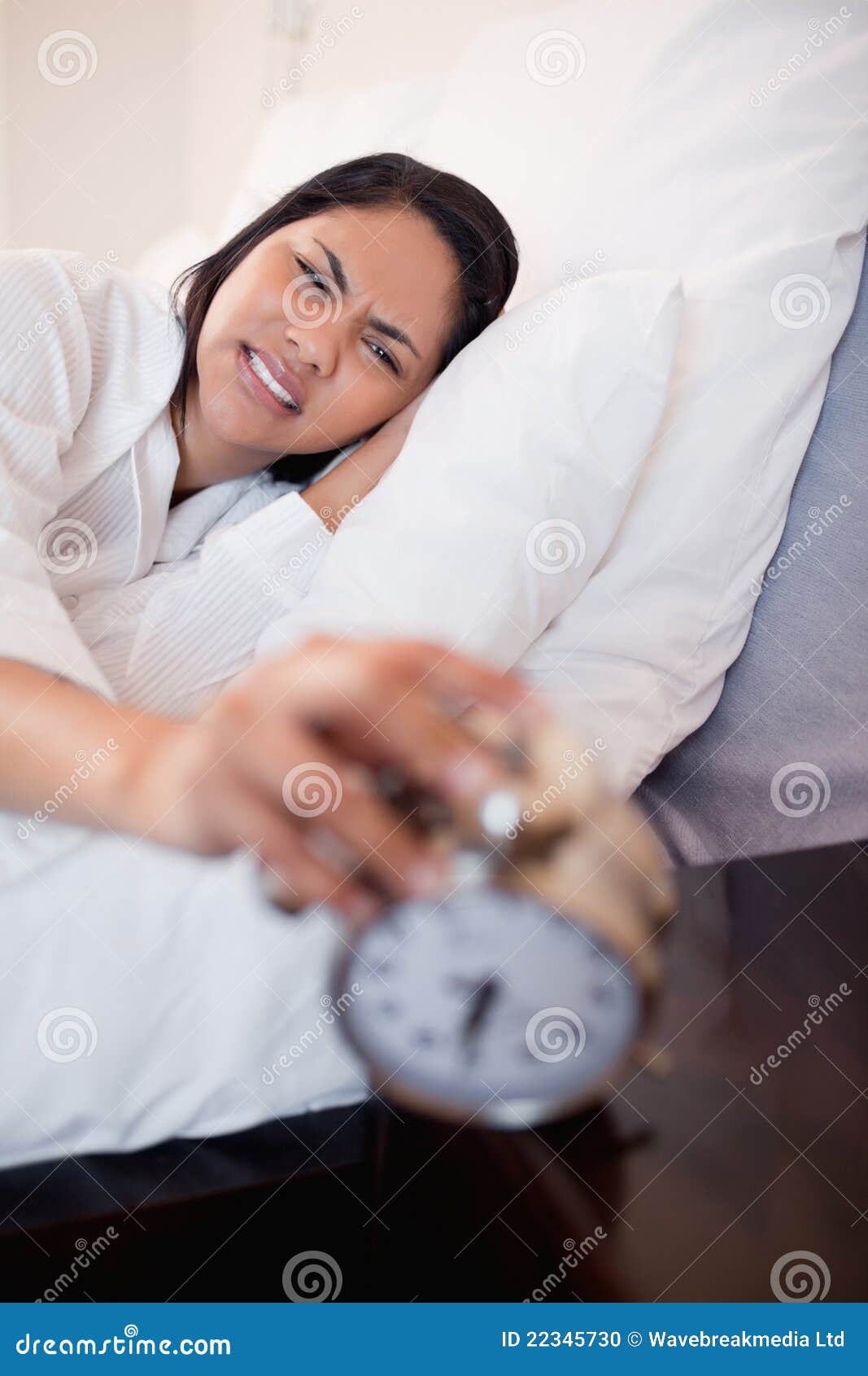 Woman Getting Pain in the Ears by Alarm Clock Stock Photo - Image of ...