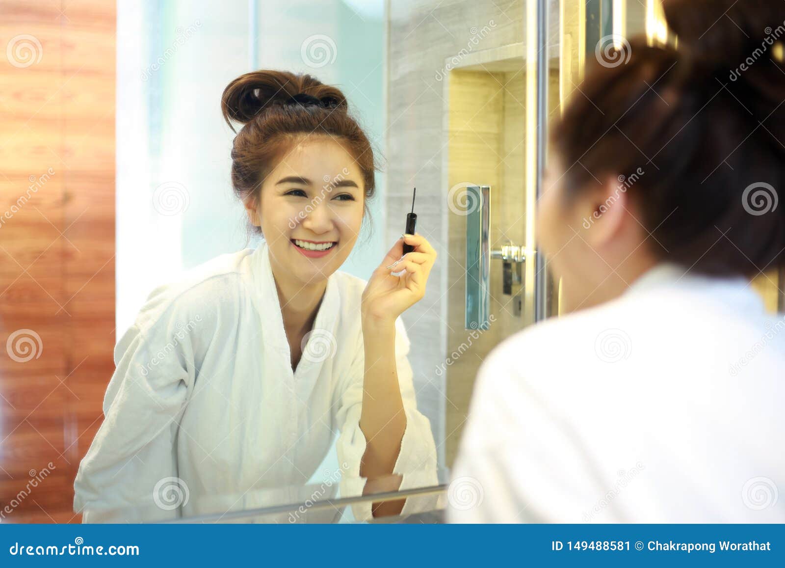 Woman Getting Ready for Work Doing Morning Makeup Routine Putting ...