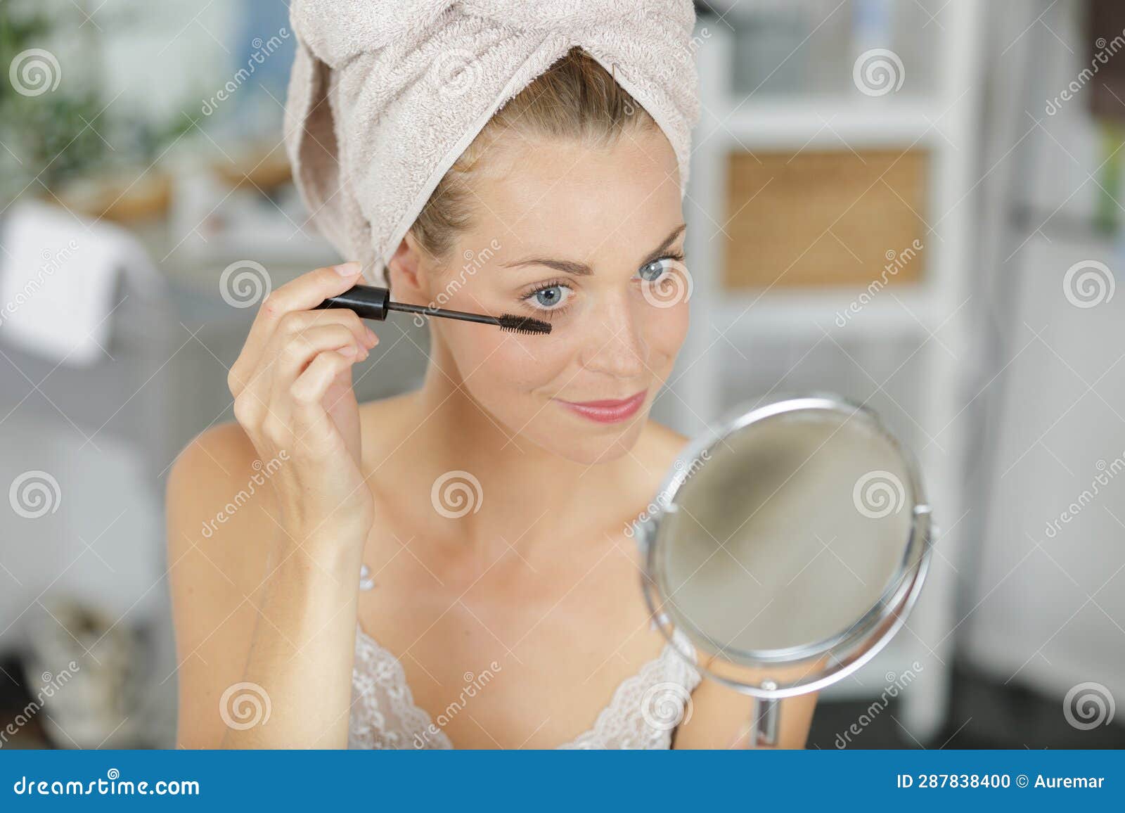 Woman Getting Ready for Work Doing Morning Makeup Routine Stock Photo ...