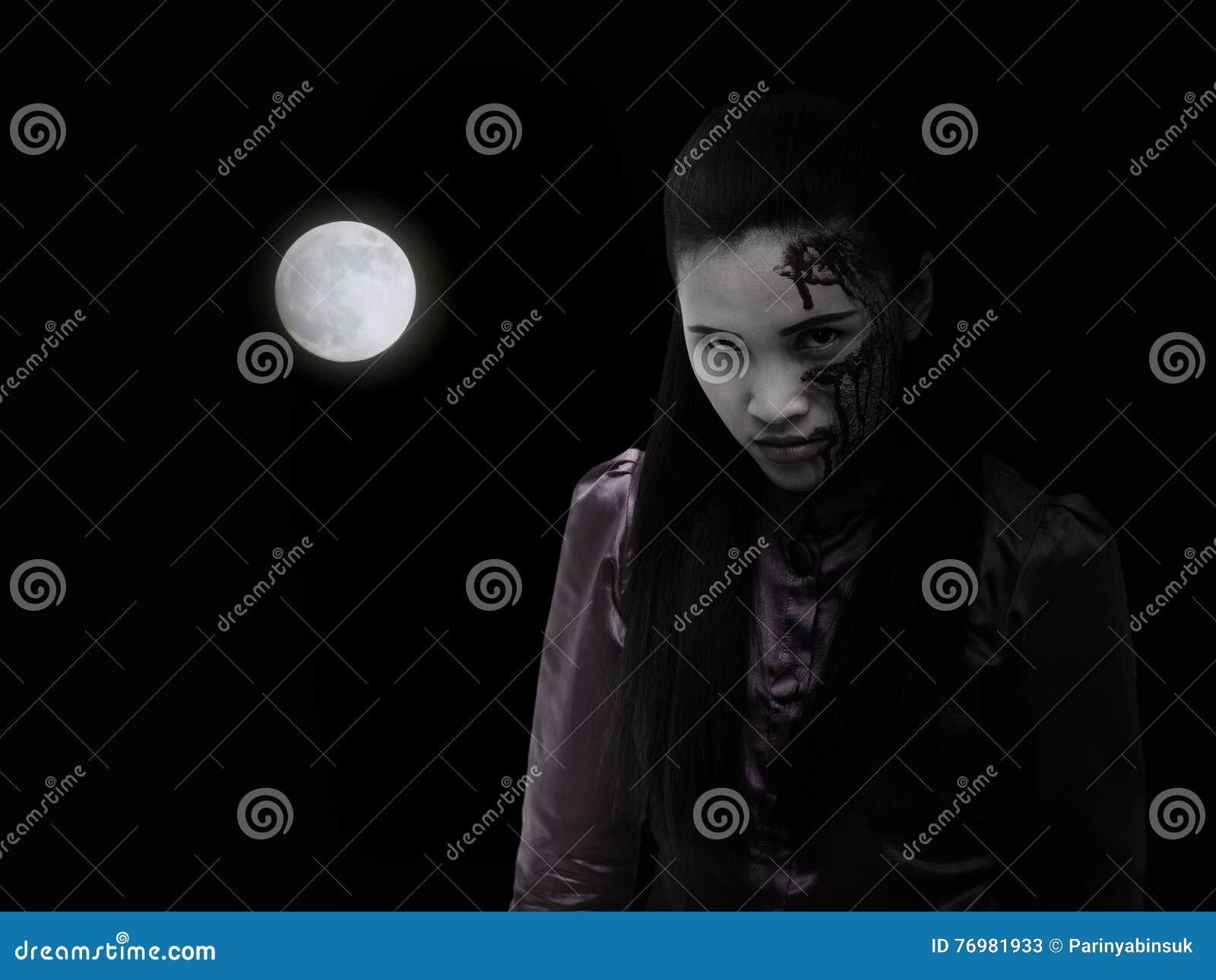 Woman with Ghost Make Up in the Dark Stock Image - Image of halloween ...