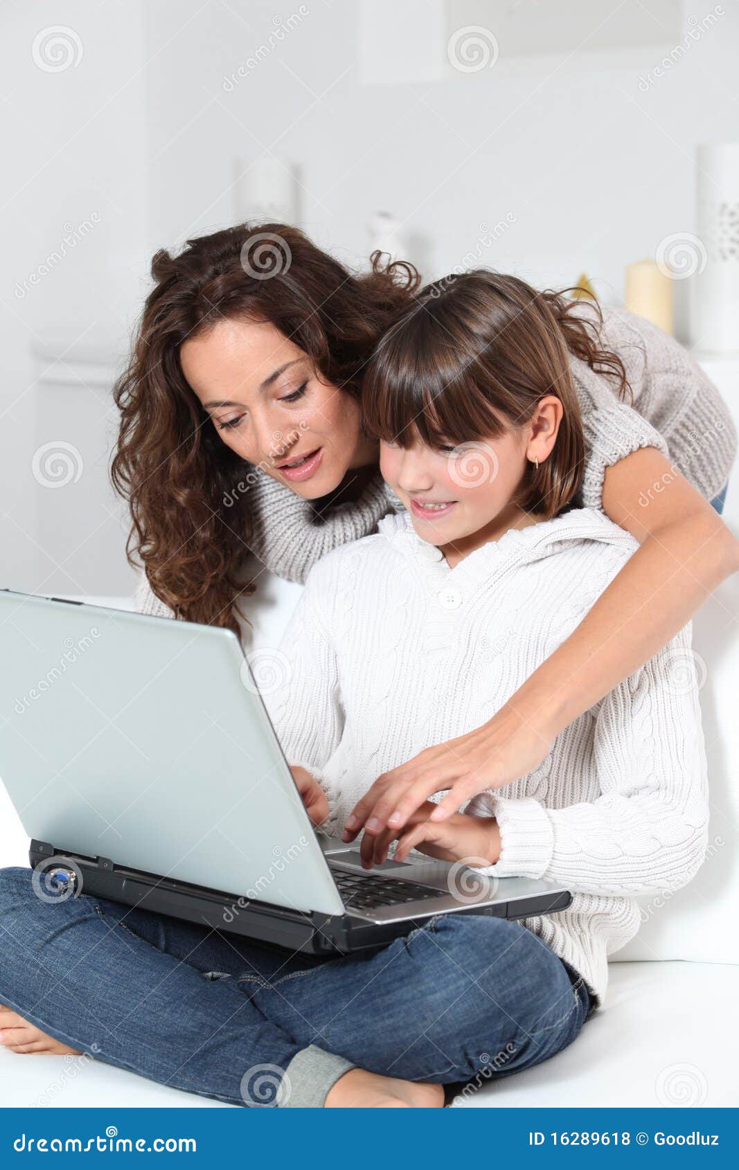 Woman and Girl in Front of Computer Stock Photo - Image of portrait ...