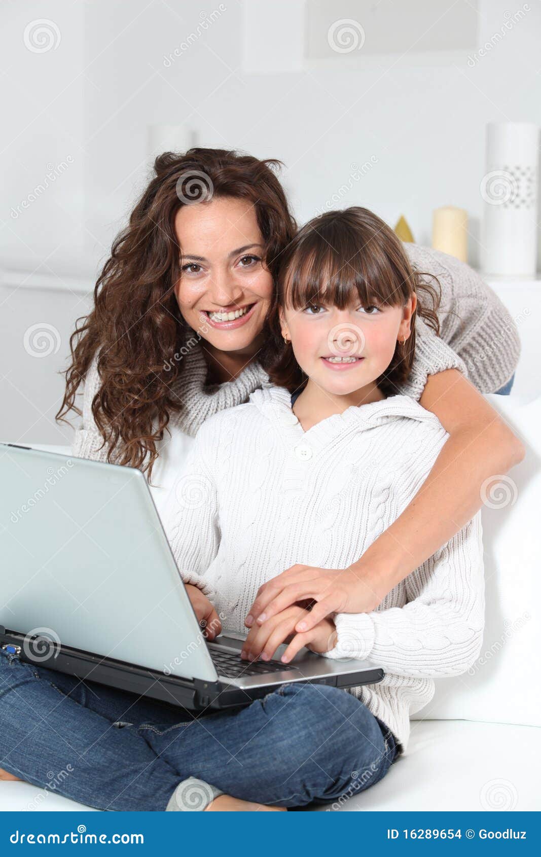 Woman and Girl in Front of Computer Stock Photo - Image of technology ...
