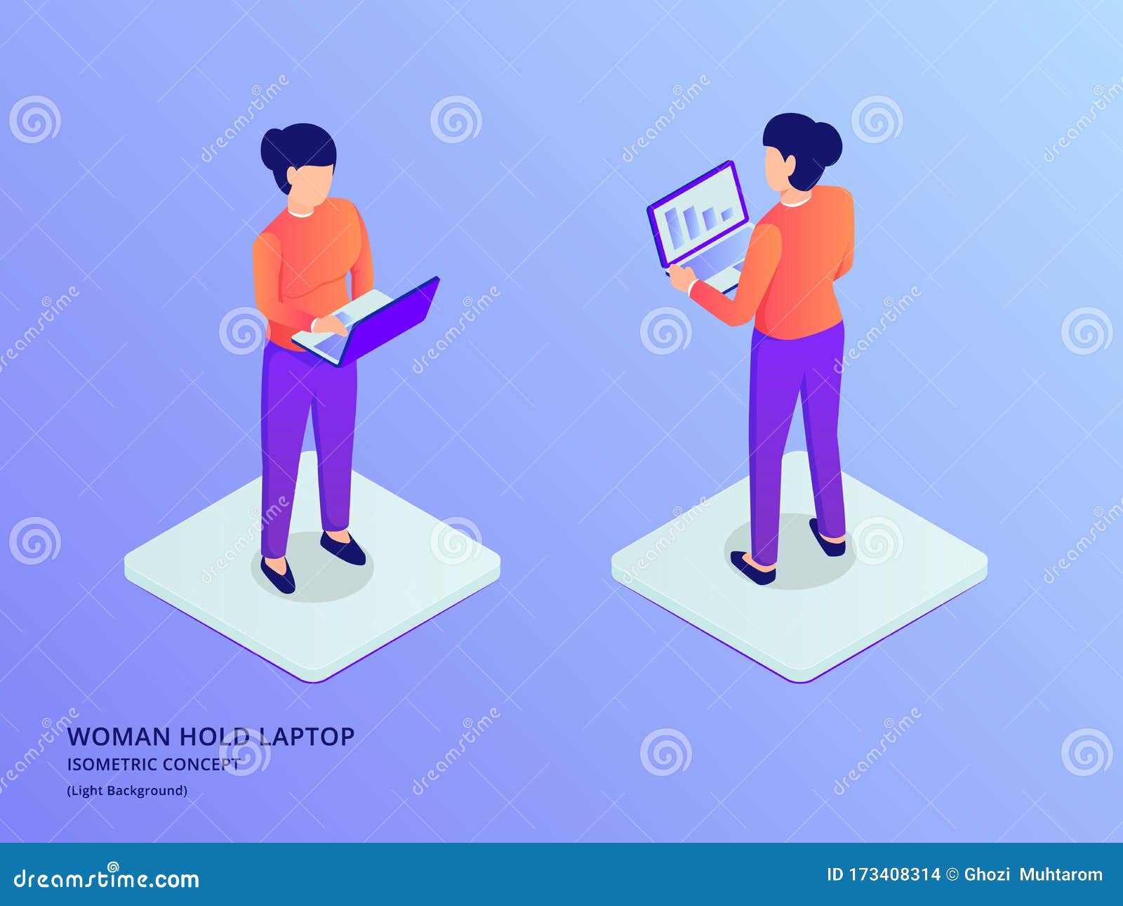 Woman or Girl Using Laptop Standing with Isometric Flat Style Stock ...