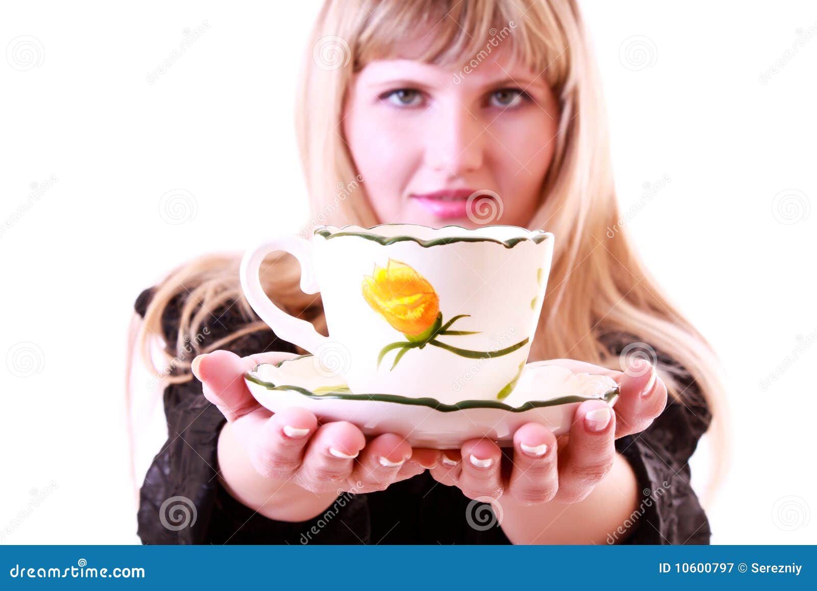 Woman Gives a Cup of Tea Isolated Stock Image - Image of blond, face ...