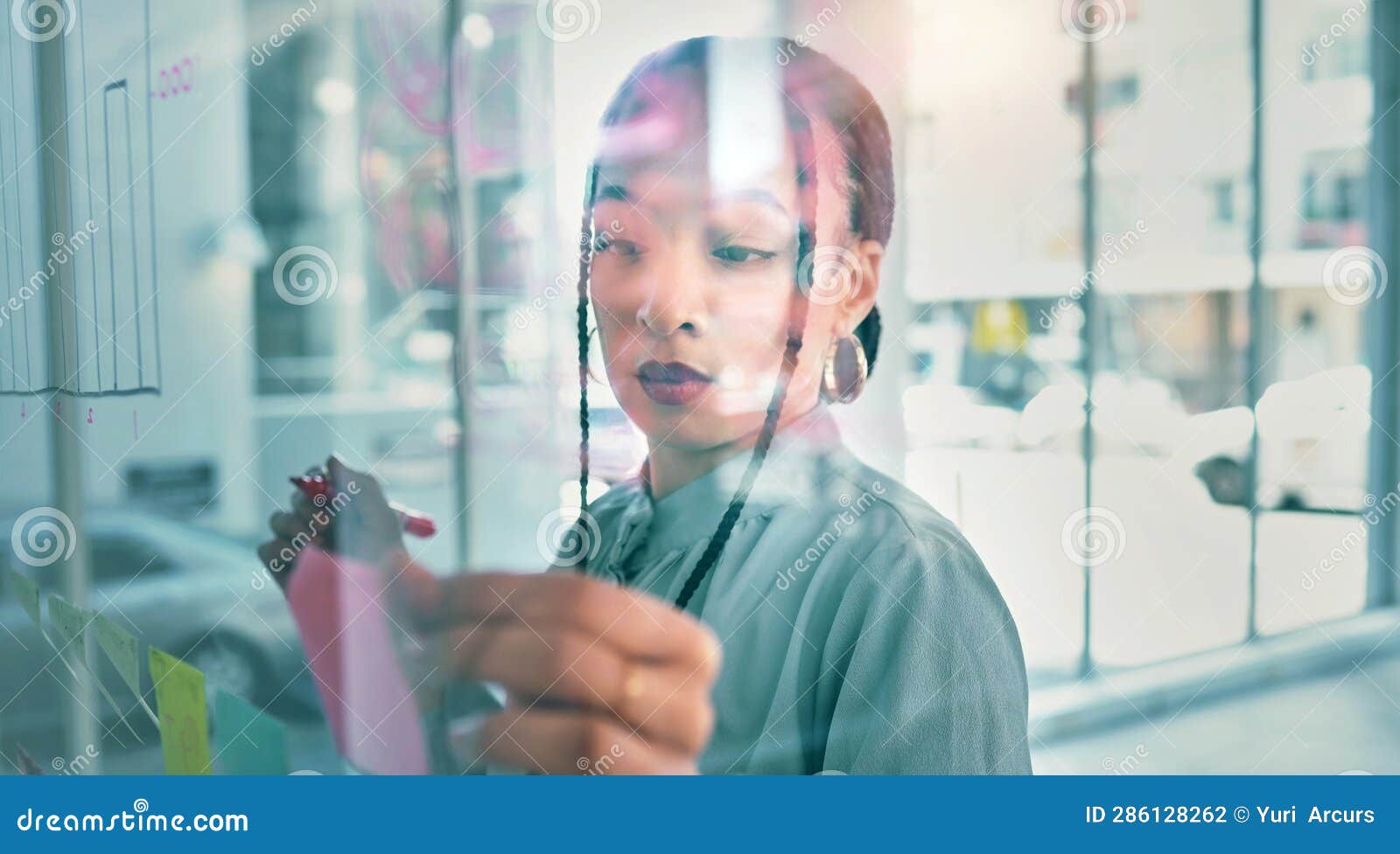 Woman at Glass with Mind Map, Pen and Ideas for Business Planning ...