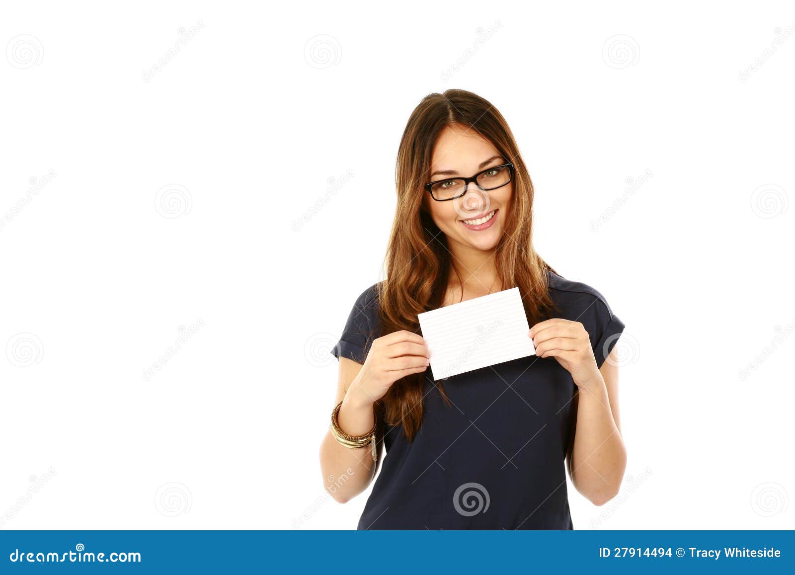 Woman in Glasses Holding Note Card Stock Photo - Image of model, alone ...
