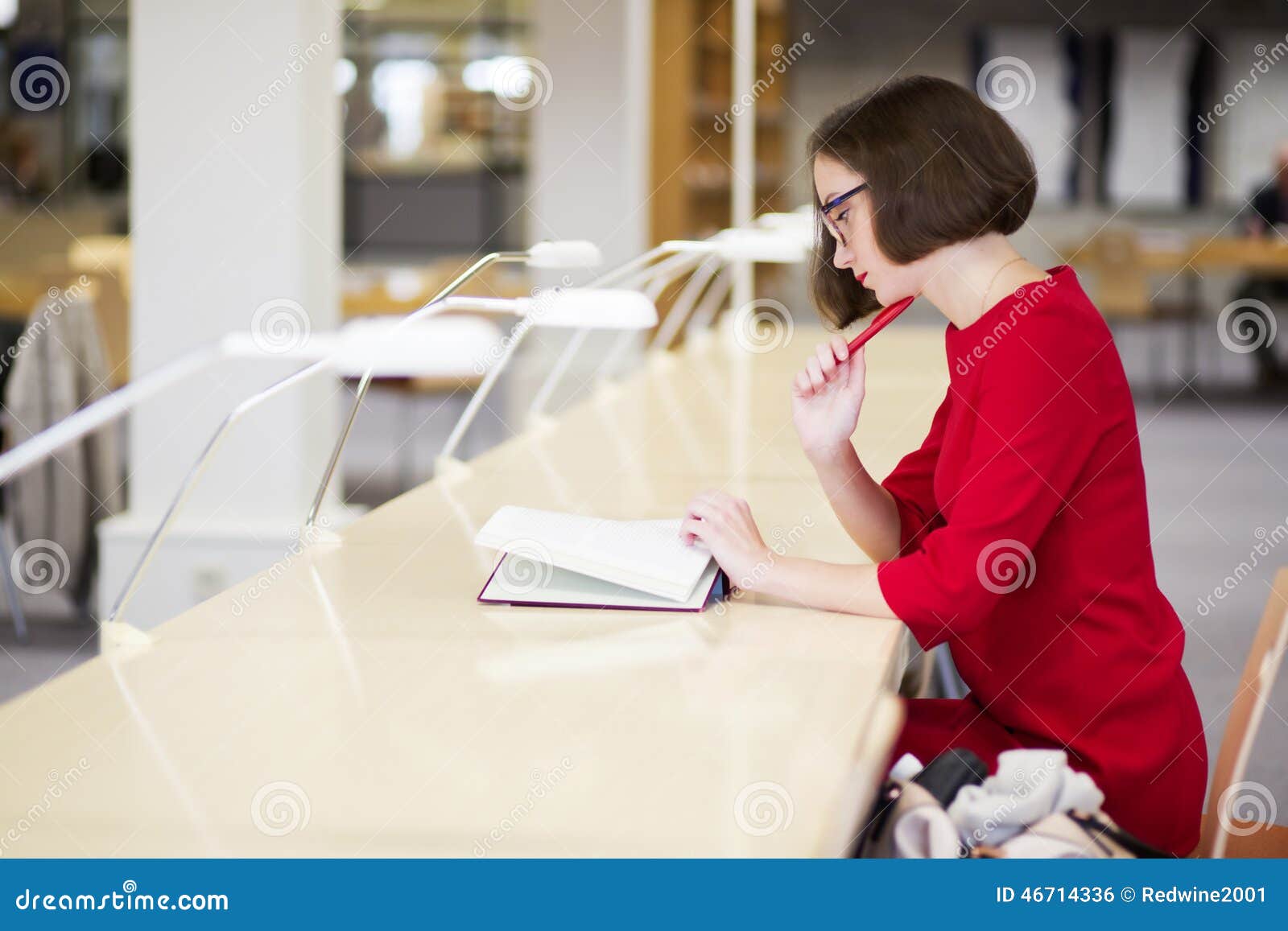 Woman with Glasses in Library Study Text Stock Photo - Image of ...