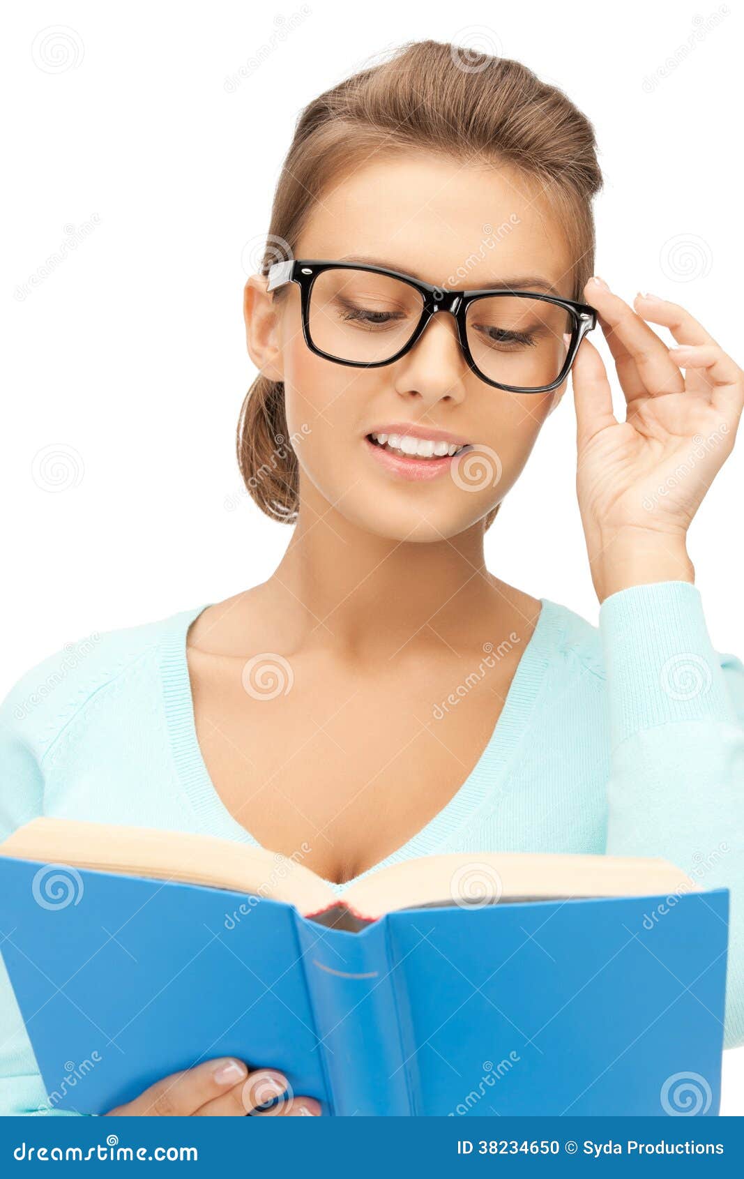 Woman in Glasses Reading Book Stock Photo - Image of closeup, happy ...