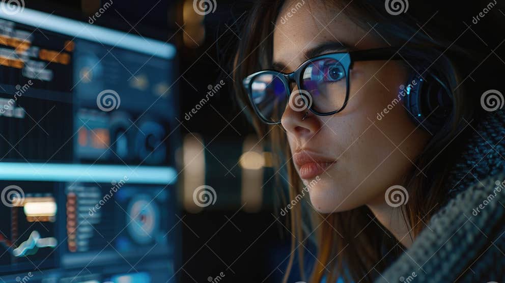 A Woman in Glasses Sits in Front of a Computer, Focused on the Screen ...