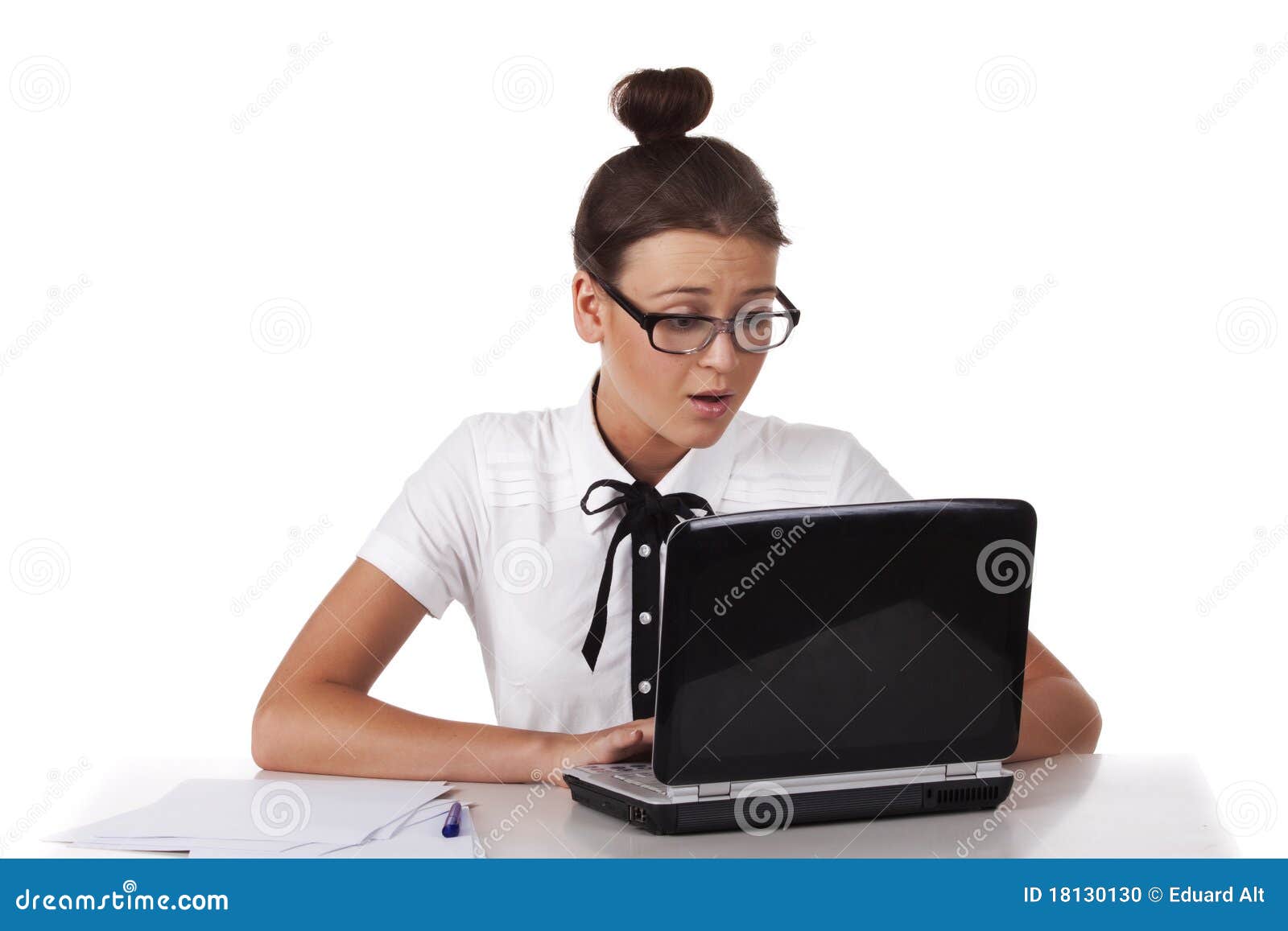 Woman with Glasses Sits and Working on Laptop Stock Photo - Image of ...