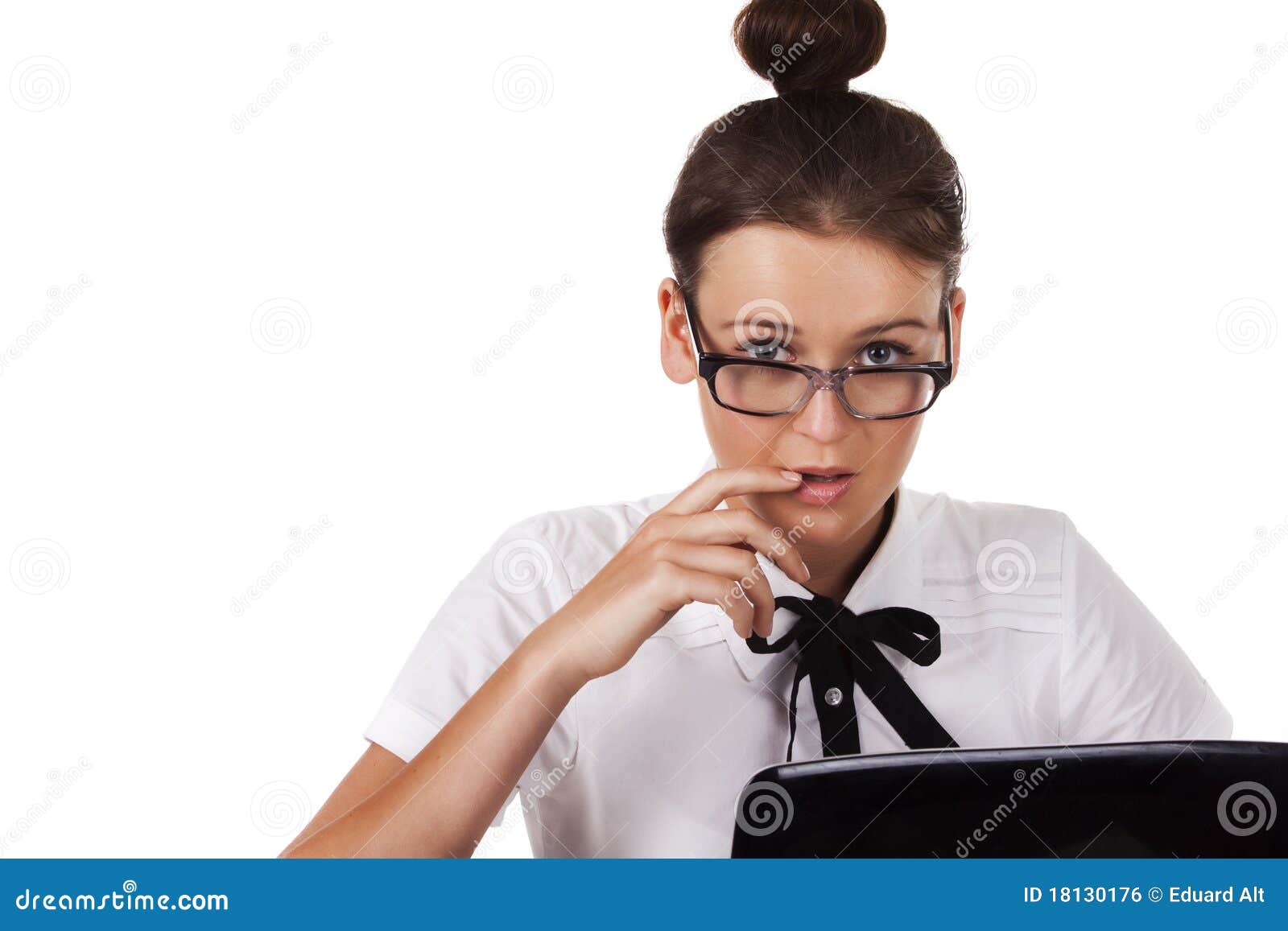 Woman with Glasses Sits and Working on Laptop Stock Photo - Image of ...