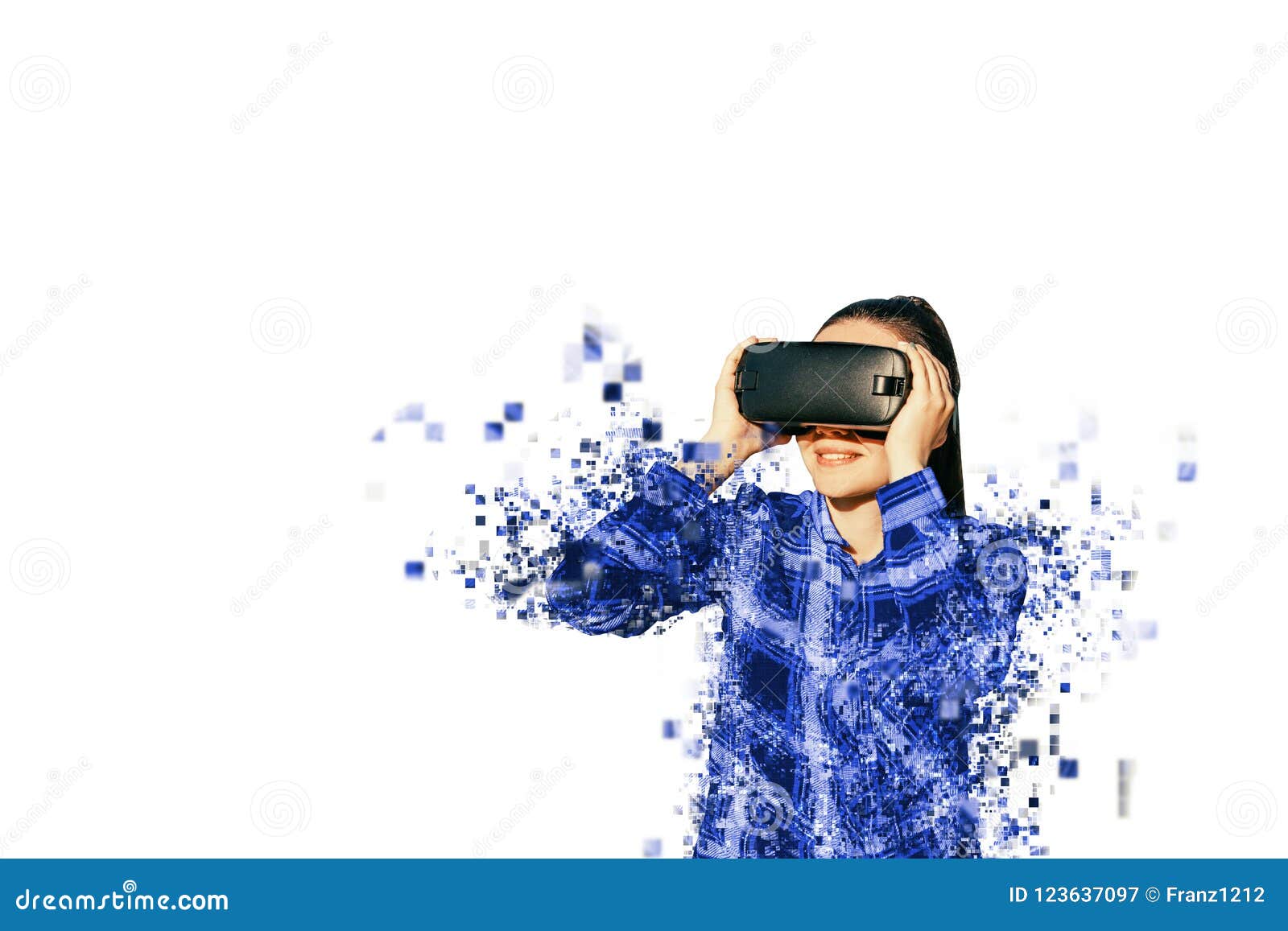 The Woman with Glasses of Virtual Reality. Fragmented by Pixels. Stock ...