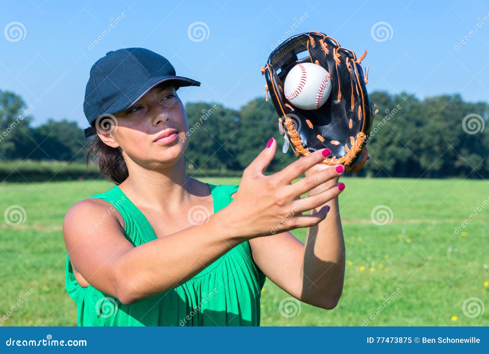 Woman with Glove and Cap Catching Baseball Stock Image - Image of game ...