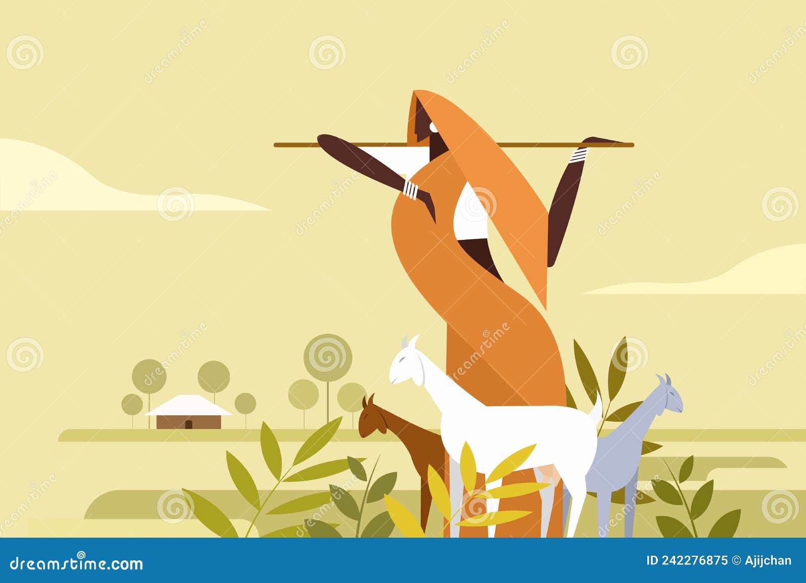 Boy Is Herding His Pet Goat, Doodle Icon Image Kawaii Vector ...