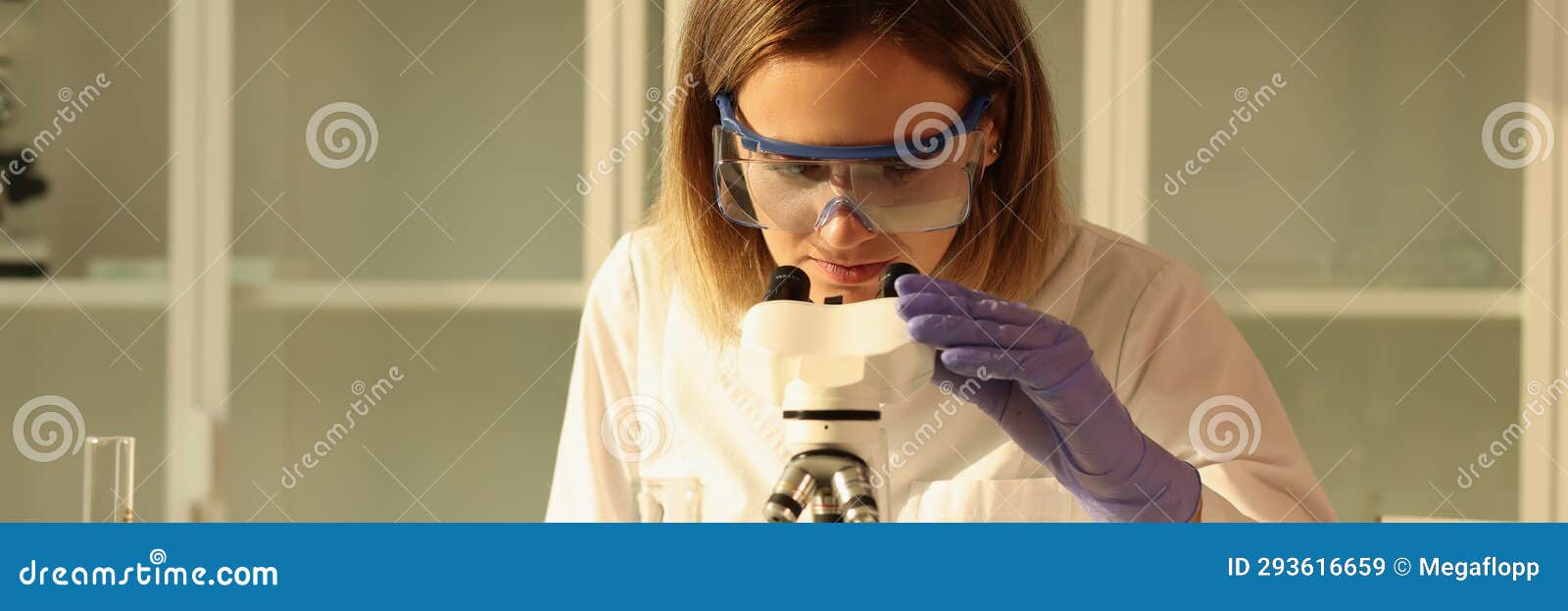 Woman in Goggles Examines Urine Under Electronic Microscope Stock Image ...