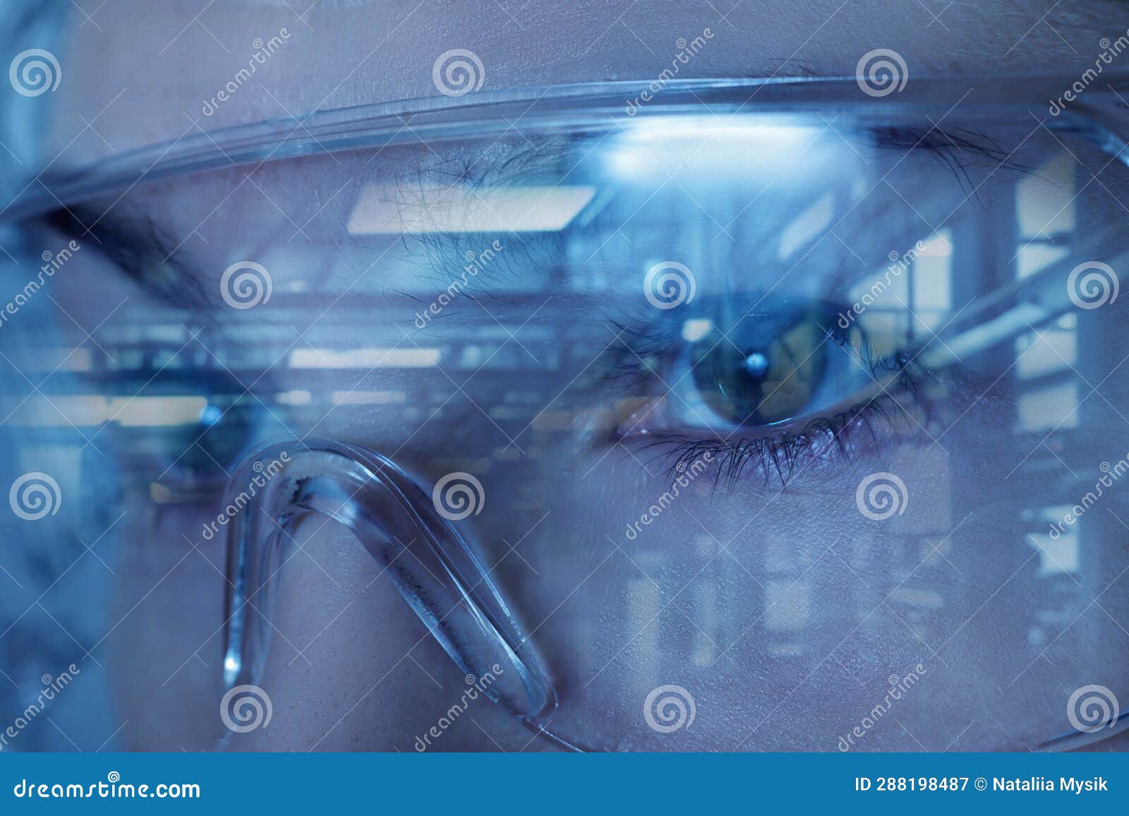 Woman in Goggles with the Reflection of the Production Process Stock ...