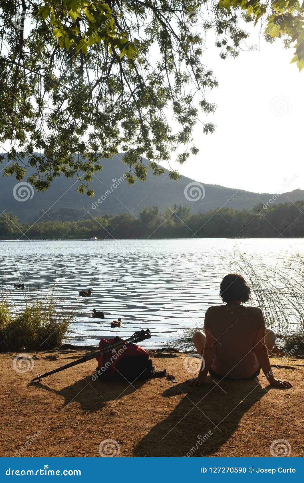 Woman Going on Excursion and Contemplating the Sunset Stock Photo ...