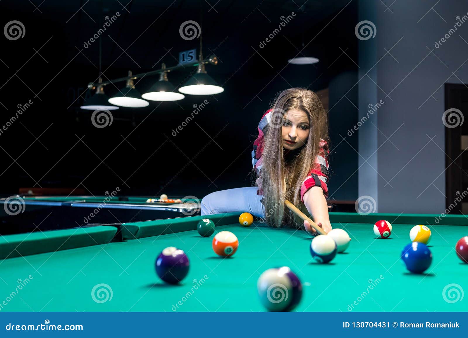 Woman Going Hit a Ball with Cue in Billiard. Stock Image - Image of ...