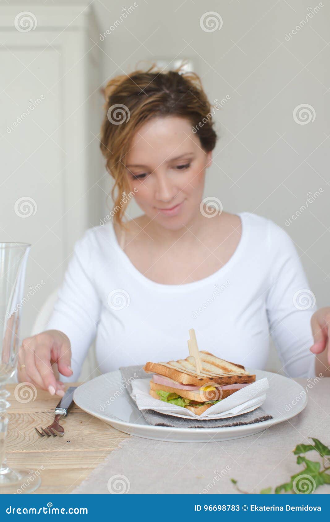 Woman is Going To Have Breakfast with a Sandwich Stock Image - Image of ...