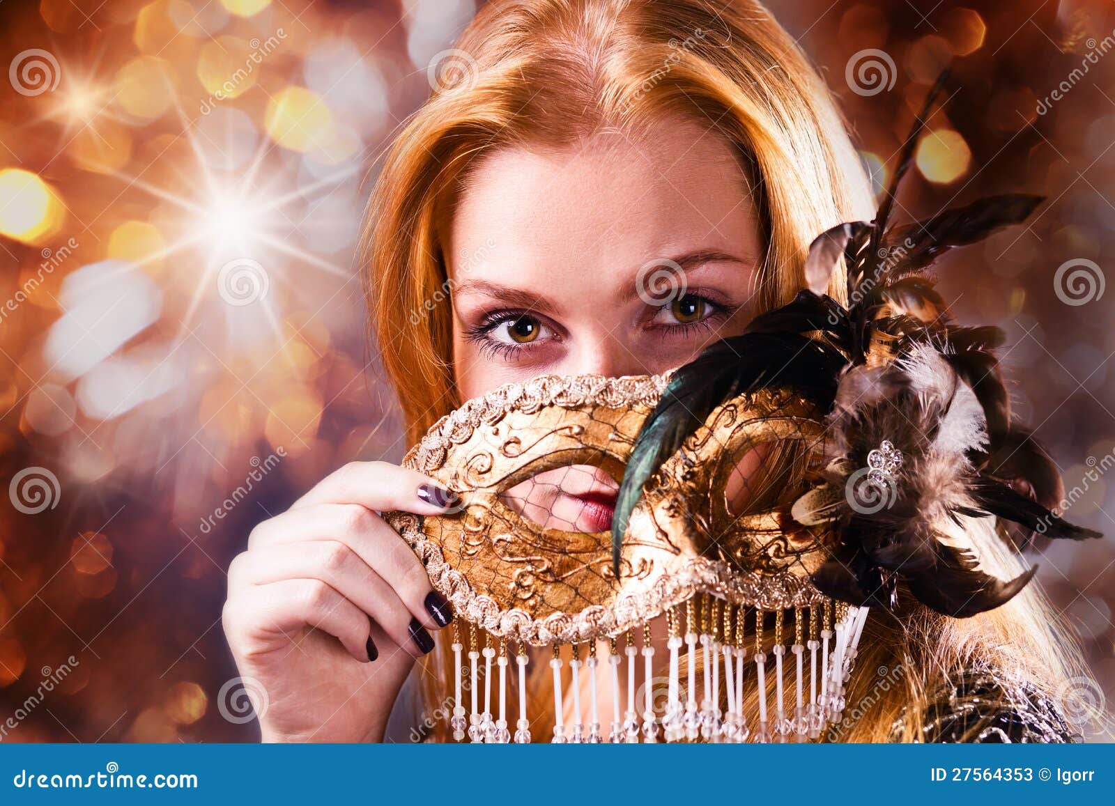 Woman with Gold Venetian Mask Stock Image - Image of glamour, hide ...