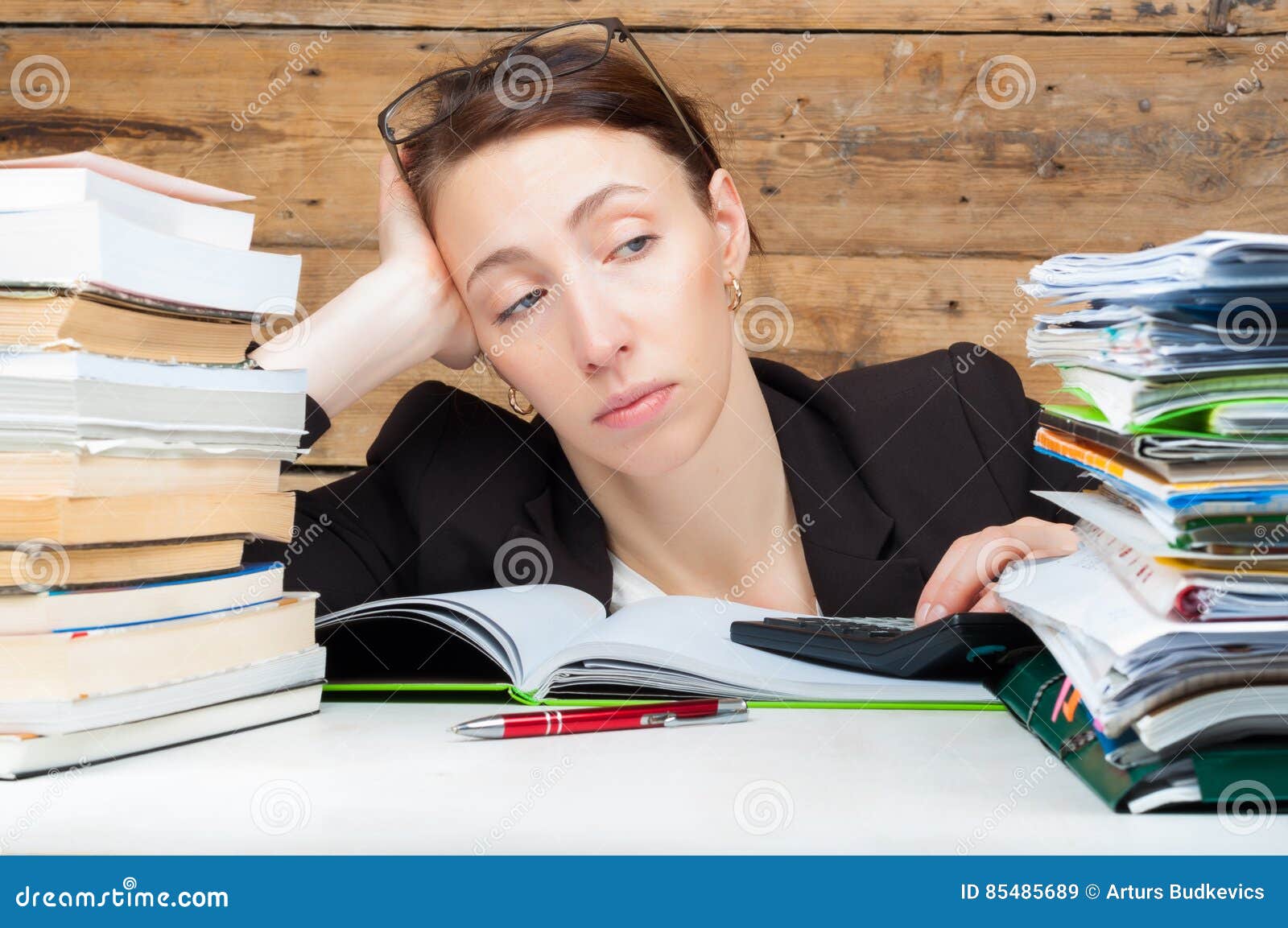 Woman Got Tired of Working and Studying Next To the Stack Stock Image ...
