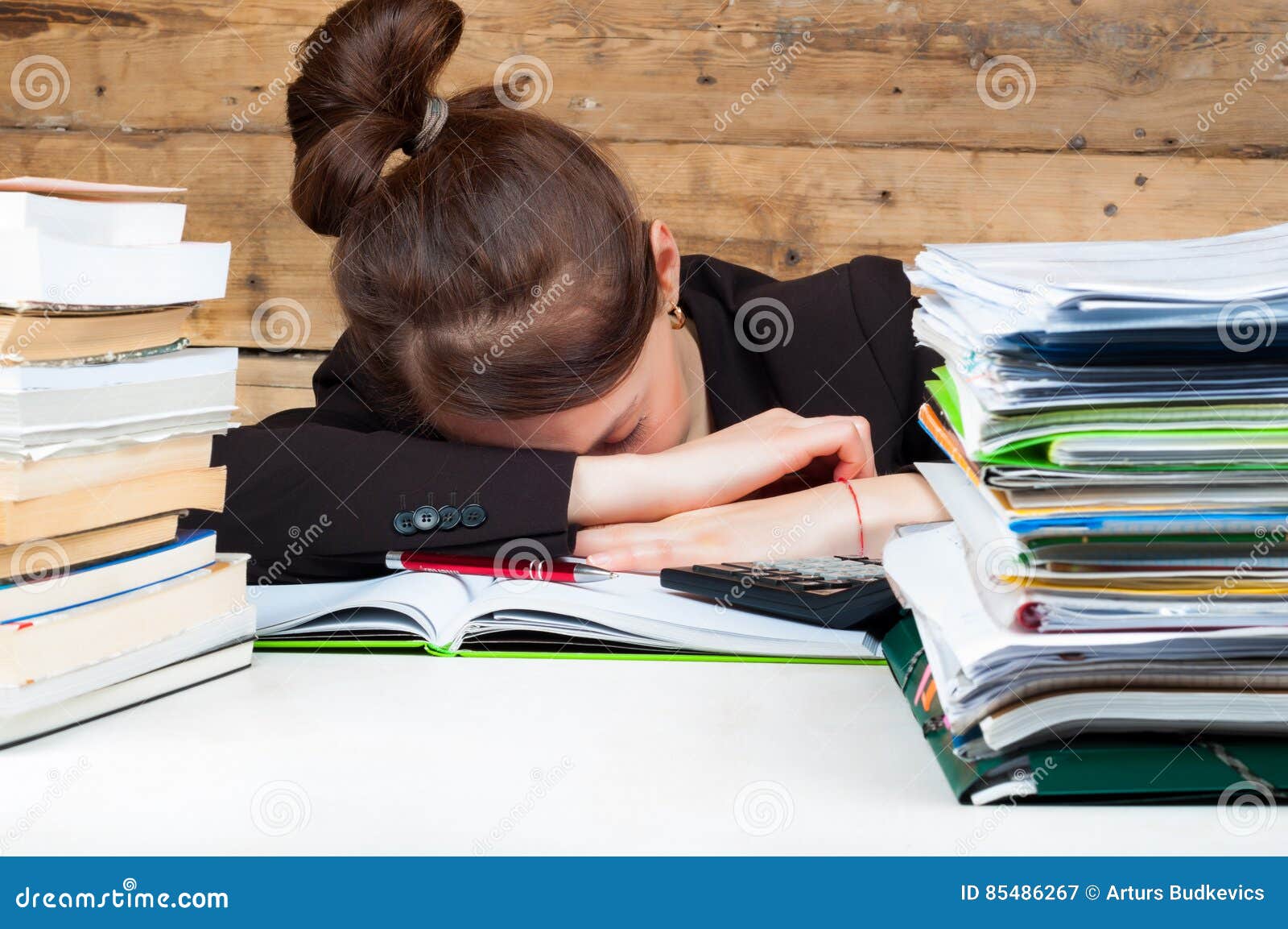 Woman Got Tired of Working and Studying Next To the Stack Stock Image ...