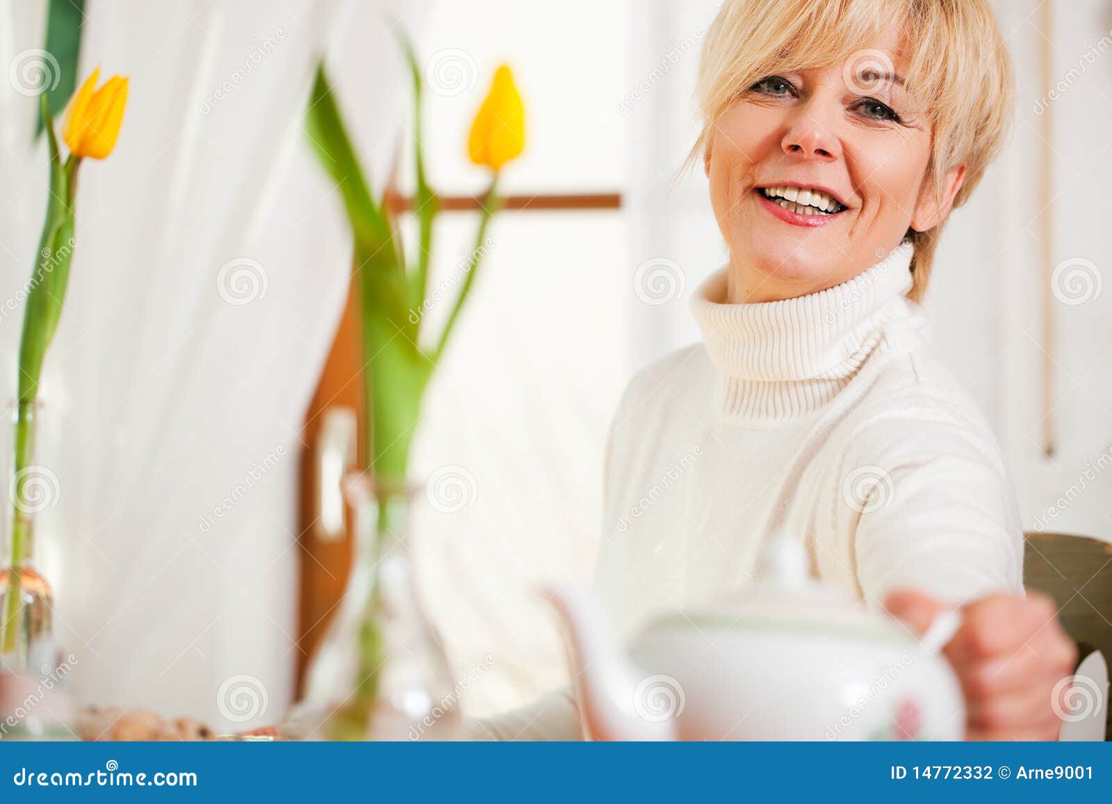 Woman Grabbing Coffee Or Tea Pot Stock Photo - Image of dining, mugs ...