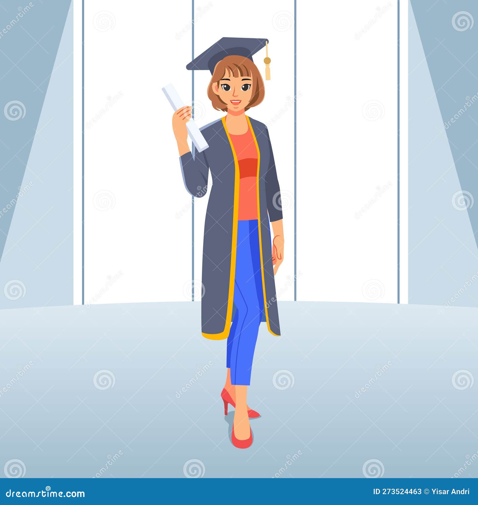 Woman Graduate Students Standing on Stage a Flat Style Vector ...