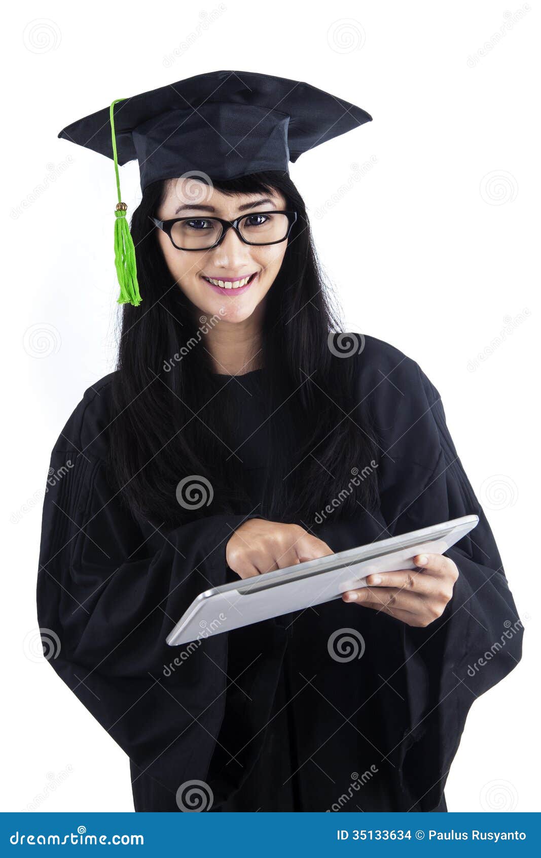 Woman in Graduation Gown Using a Tablet Stock Photo - Image of korean ...