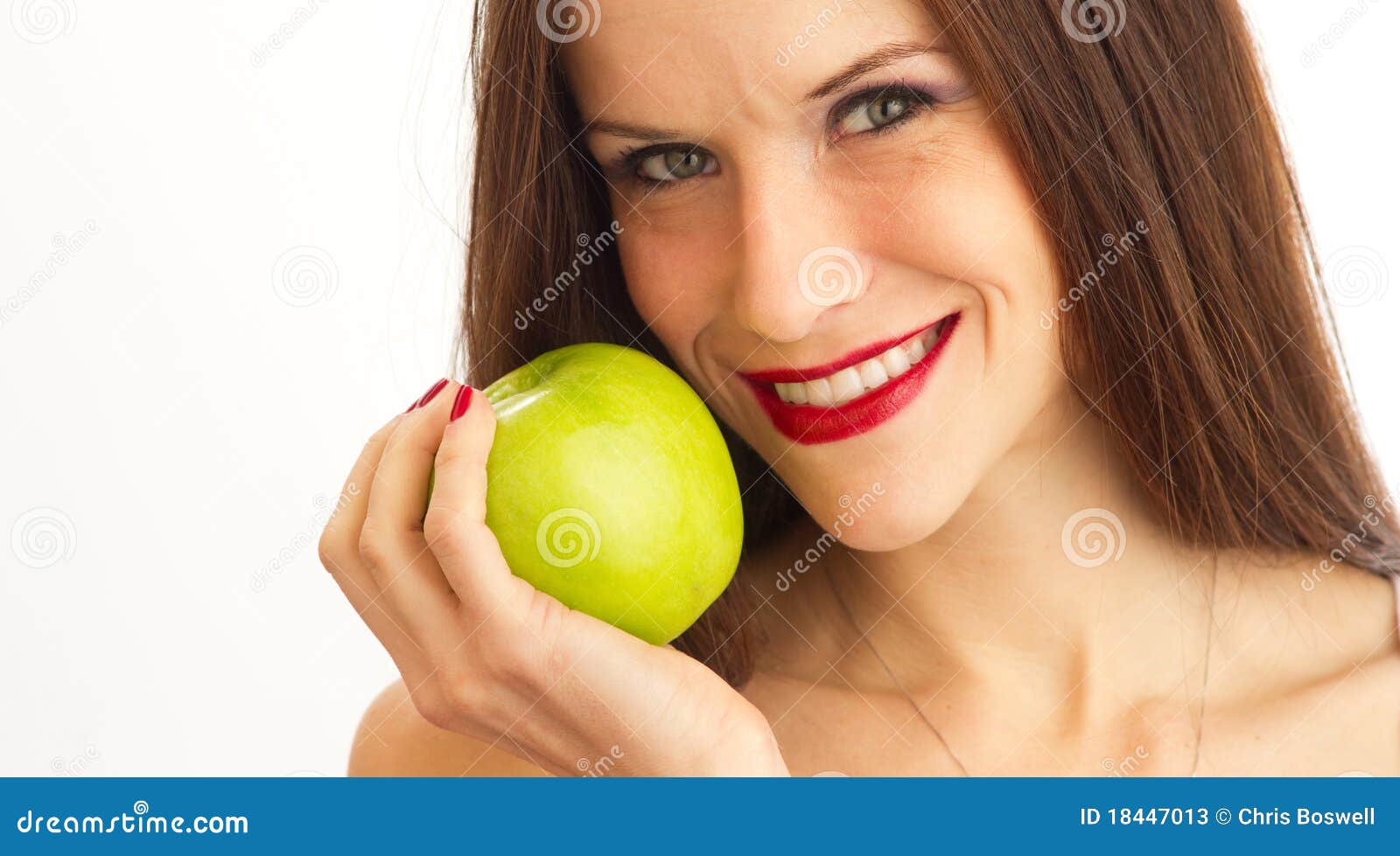 Woman Holds Green Apple Up To Smiling Face Stock Image - Image of good ...
