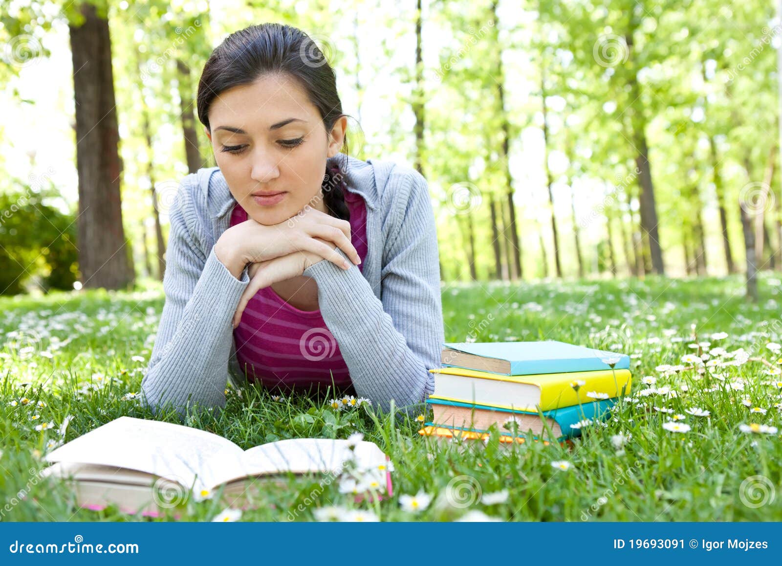 Woman on Green Field and Reading Stock Image - Image of adult ...