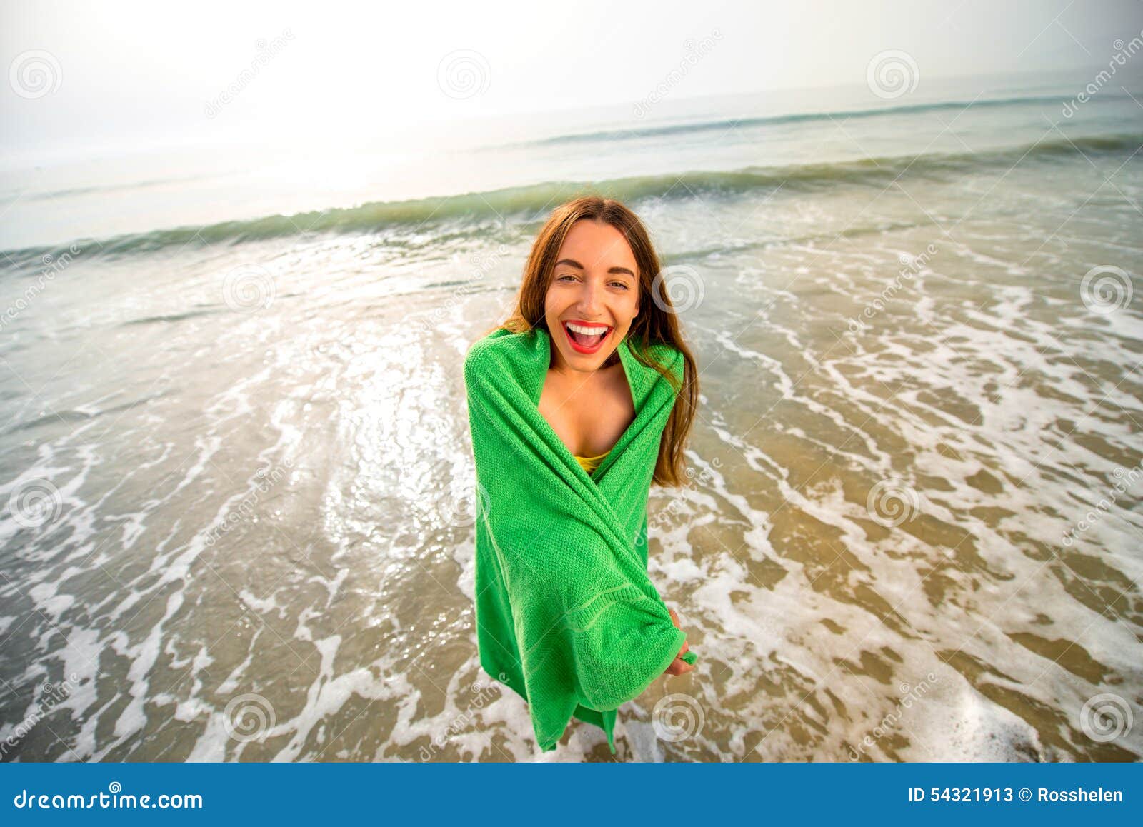 Woman In Green Towel On The Beach Stock Image Image Of Attractive